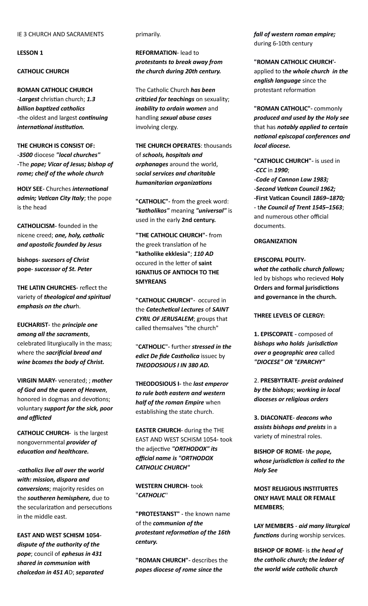 IE 3 Church AND Sacraments Notes - IE 3 CHURCH AND SACRAMENTS LESSON 1 ...