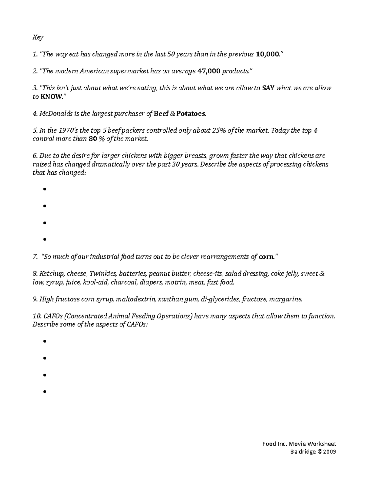 Food Inc. hand out answer key - Key “The way eat has changed more in ...