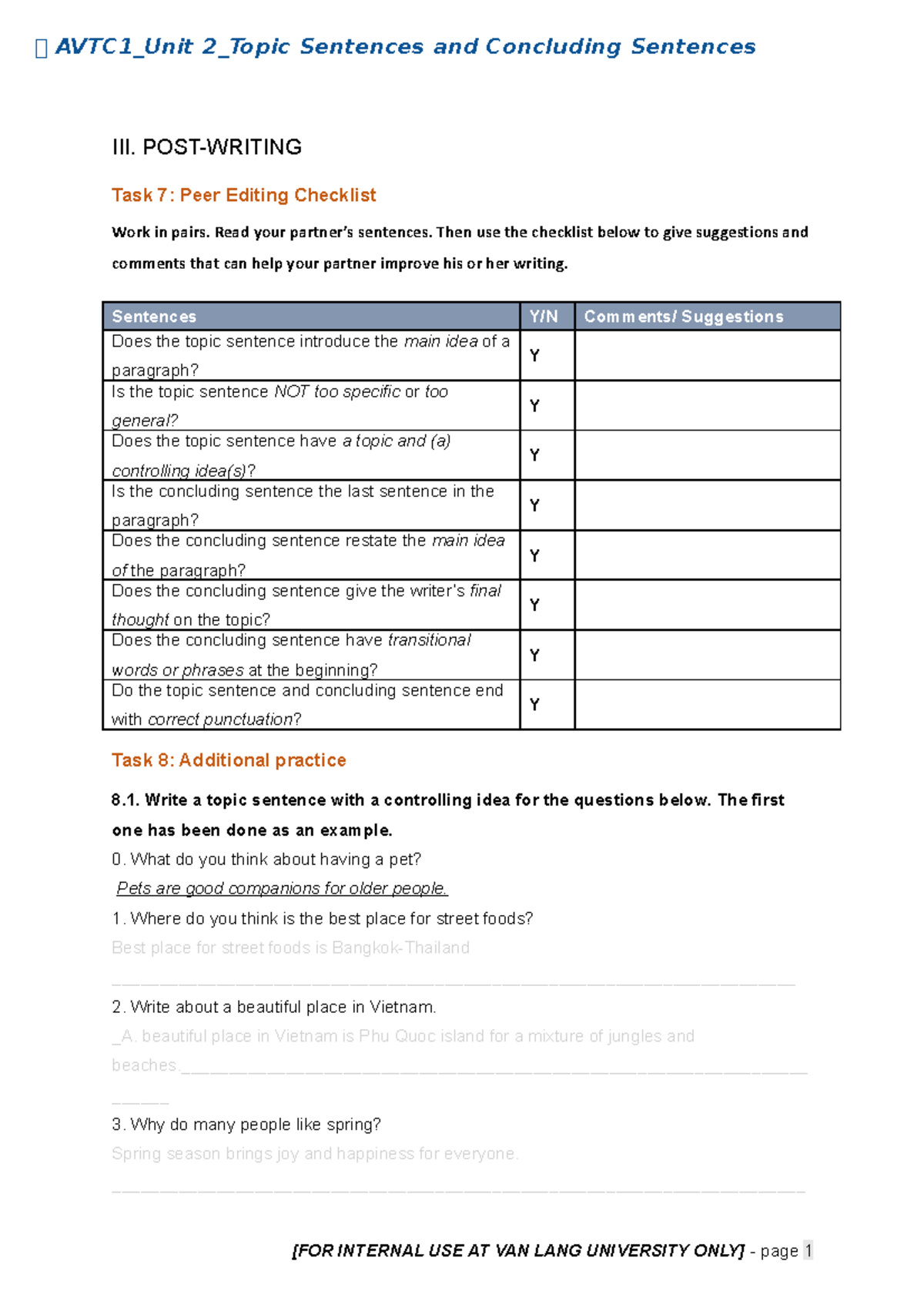 After class - AVTC1 - Unit 2 - Topic sentences and concluding sentences ...