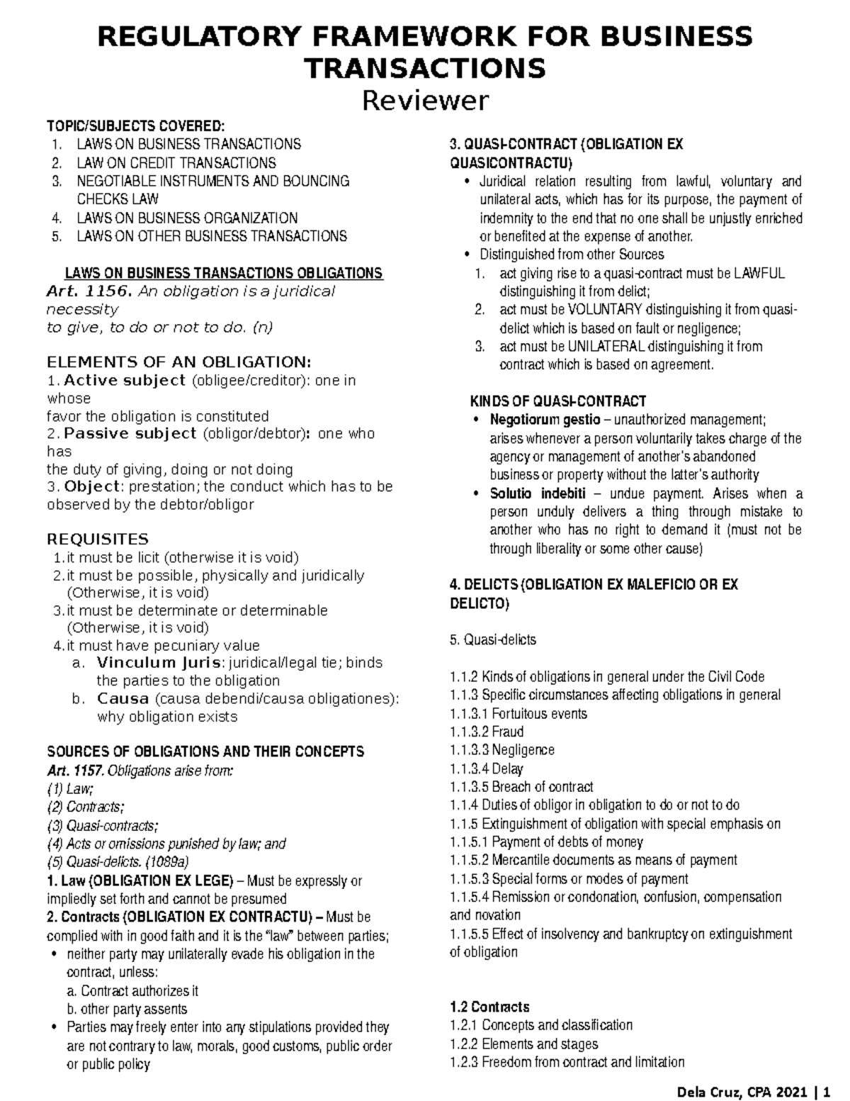 RFBT Syllabus REV - REGULATORY FRAMEWORK FOR BUSINESS TRANSACTIONS Reviewer TOPIC/SUBJECTS ...
