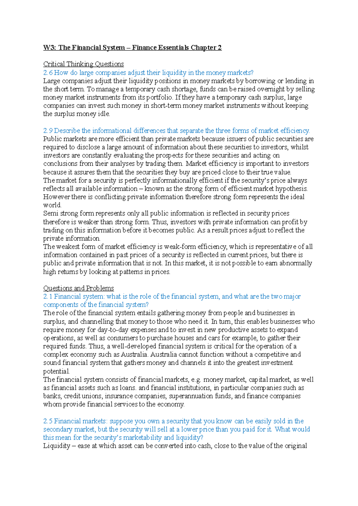 Week 3 Tutorial Q finance essentials - W3: The Financial System ...