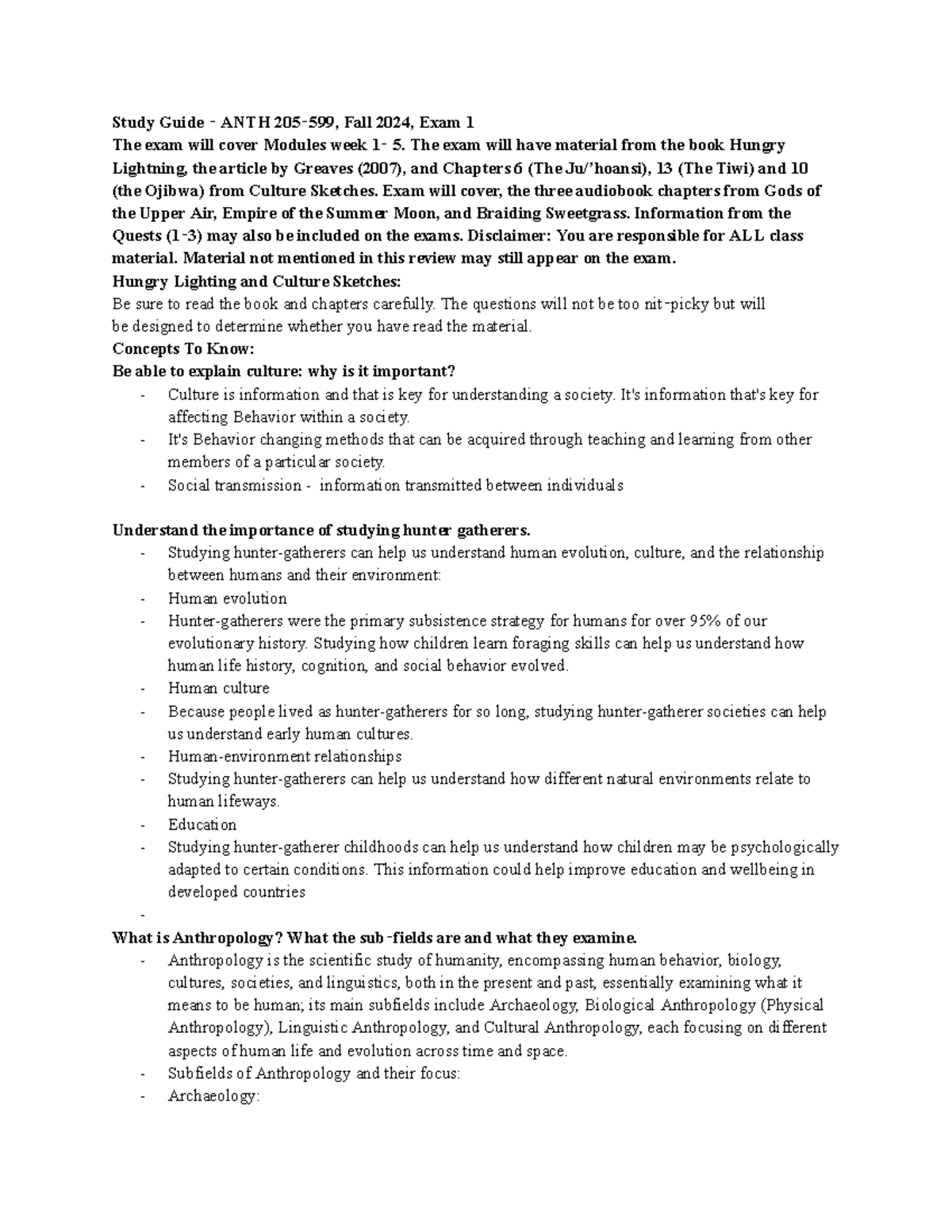 Study Guide ‐ ANTH 205‐599, Fall 2024, Exam 1 - Study Guide ‐ ANTH 205 ...