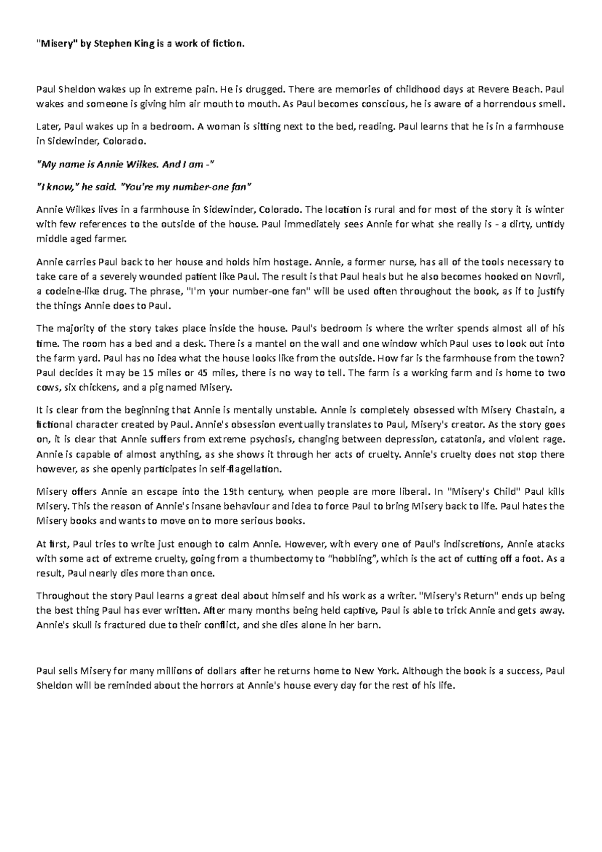 Misery by Stephen King summary - " Misery" by Stephen King is a work of ...