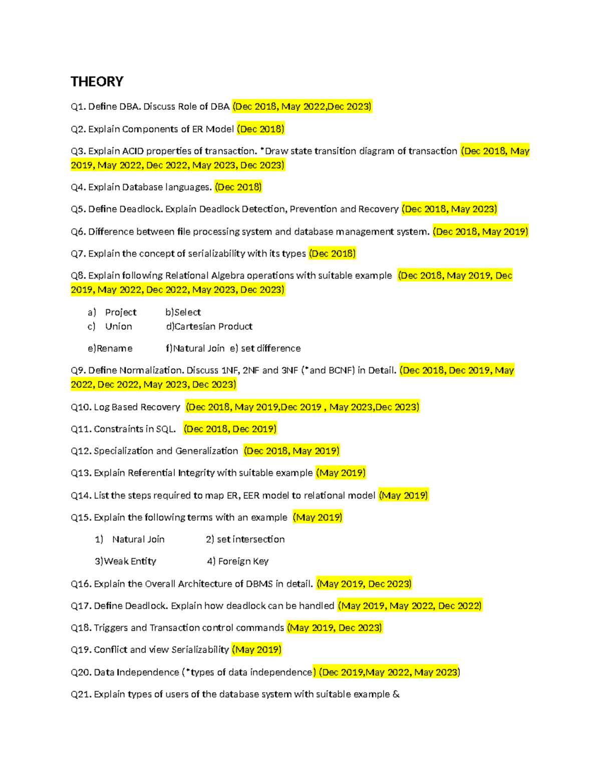 DBMS PYQ's-LIST - THEORY Q1. Define DBA. Discuss Role of DBA (Dec 2018 ...