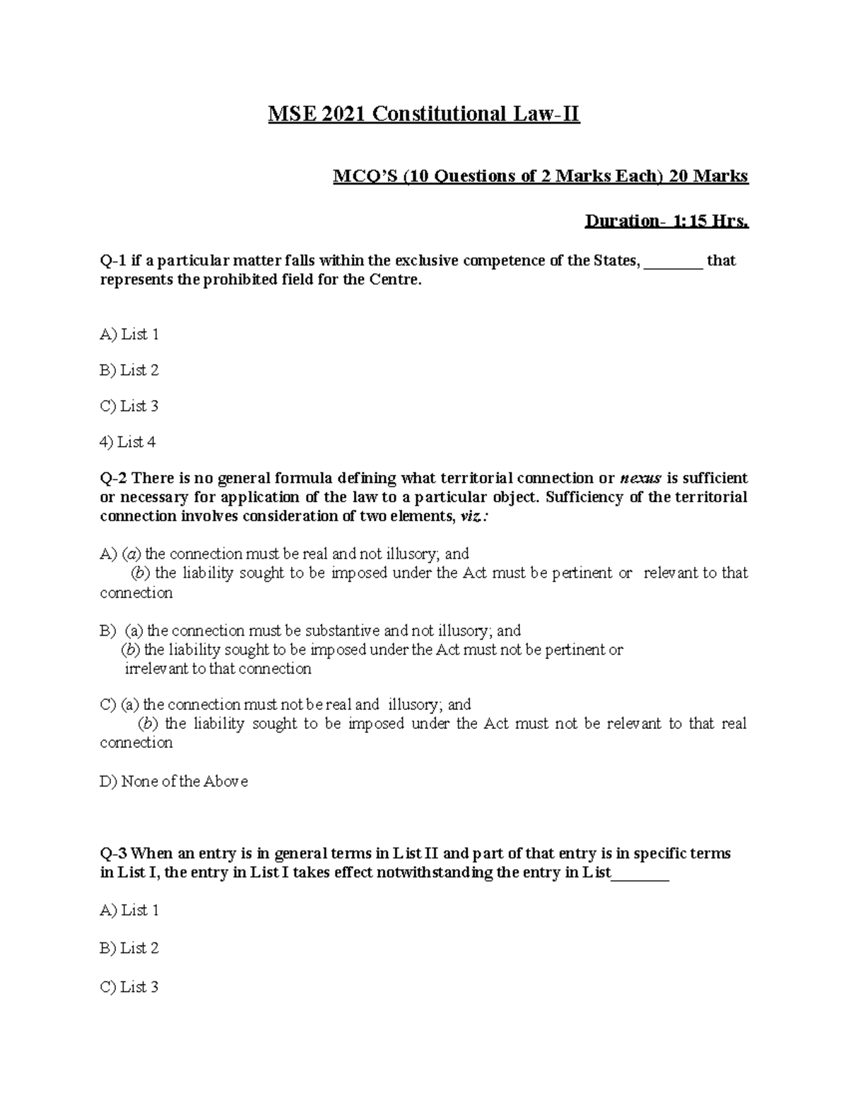MSE Constitutional Law- II - MSE 2021 Constitutional Law-II MCQ’S (10 ...