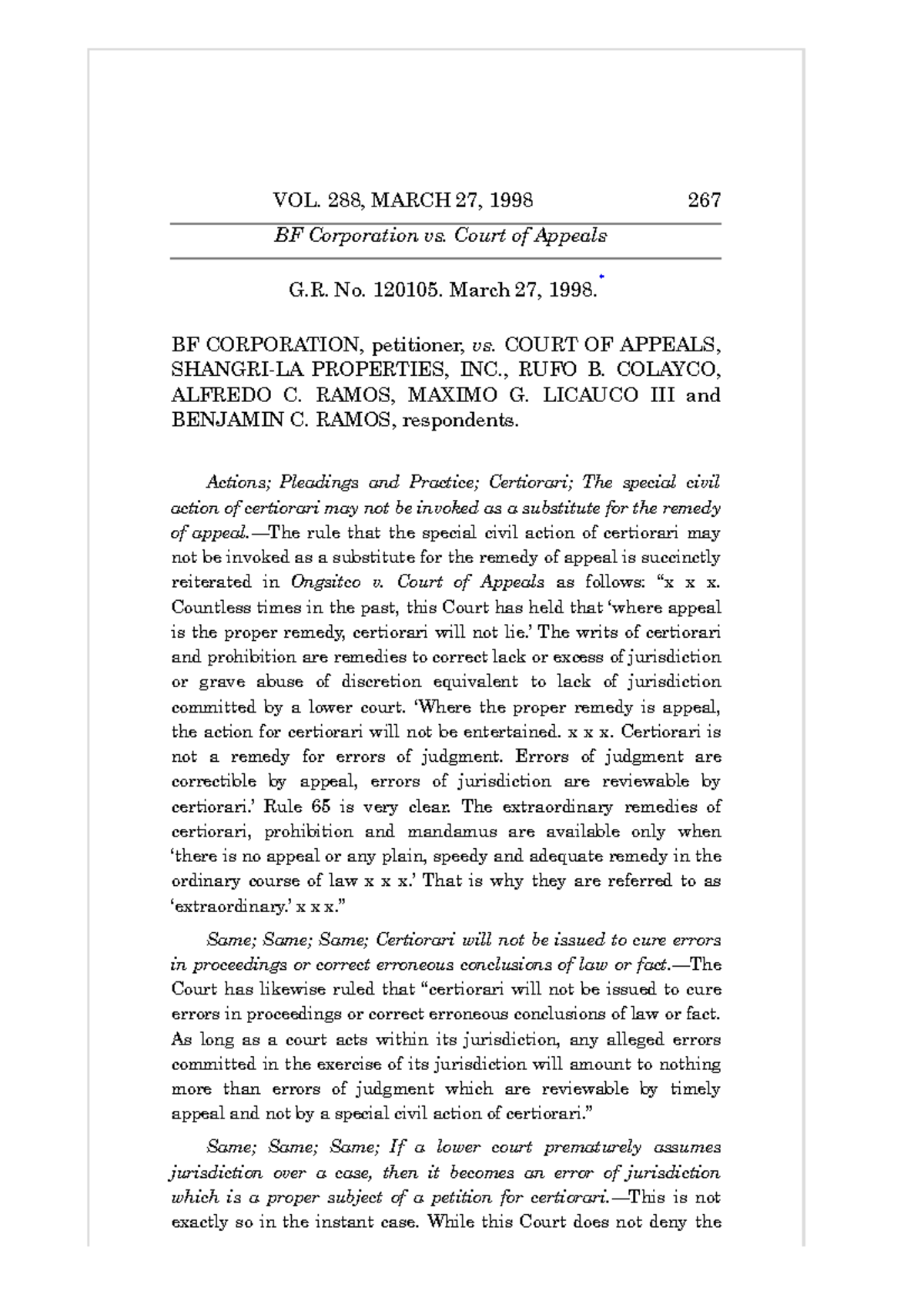 4 BF Corporation vs. Court of Appeals - VOL. 288, MARCH 27, 1998 267 BF ...