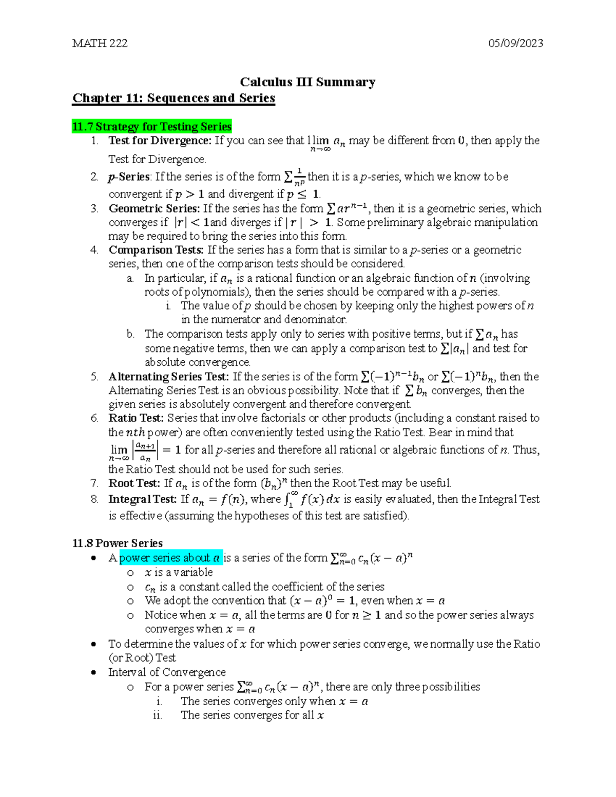 MATH 222 Course Summary - Calculus III Summary Chapter 11: Sequences ...