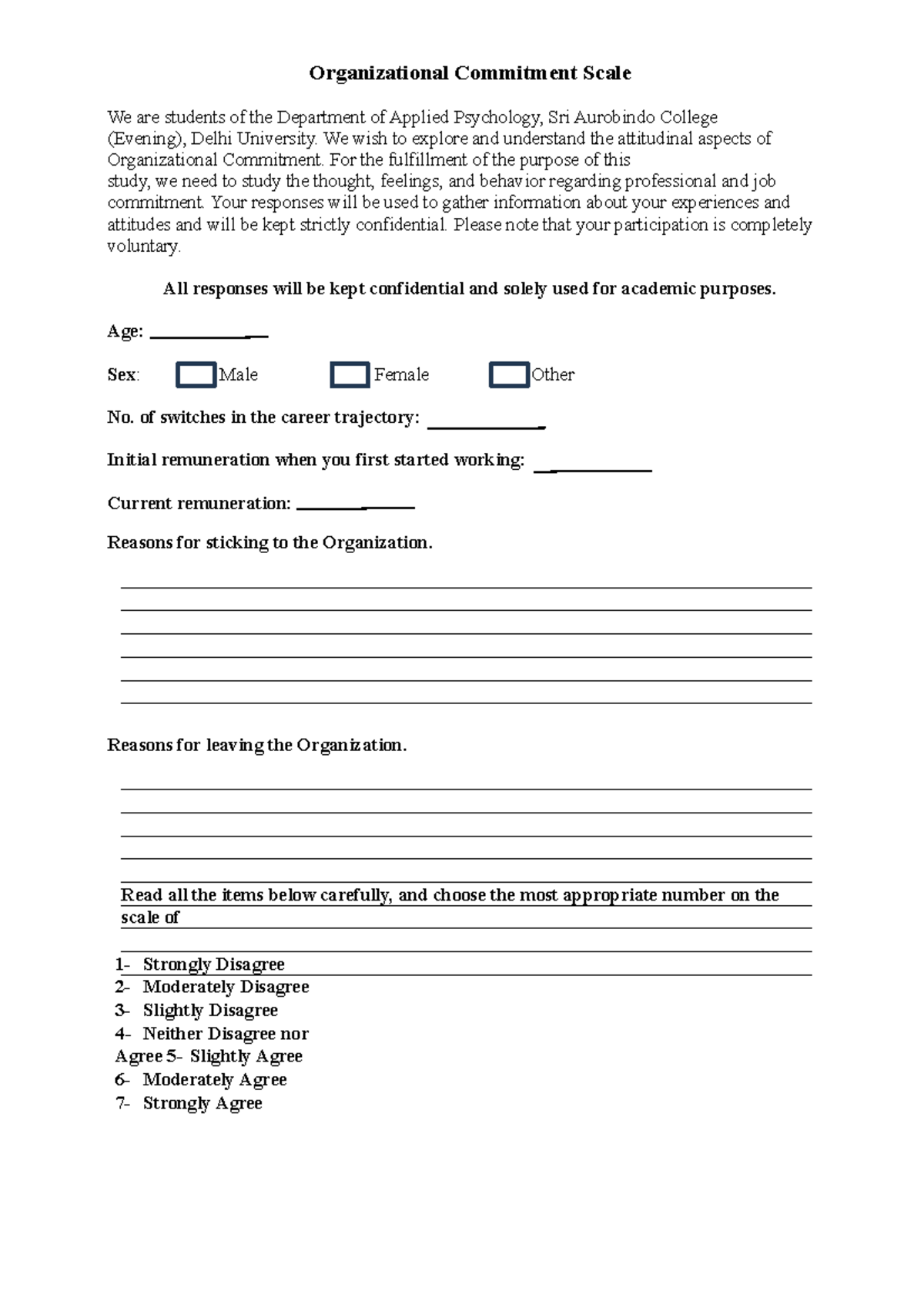 Organization commitment scale - Organizational Commitment Scale We are ...