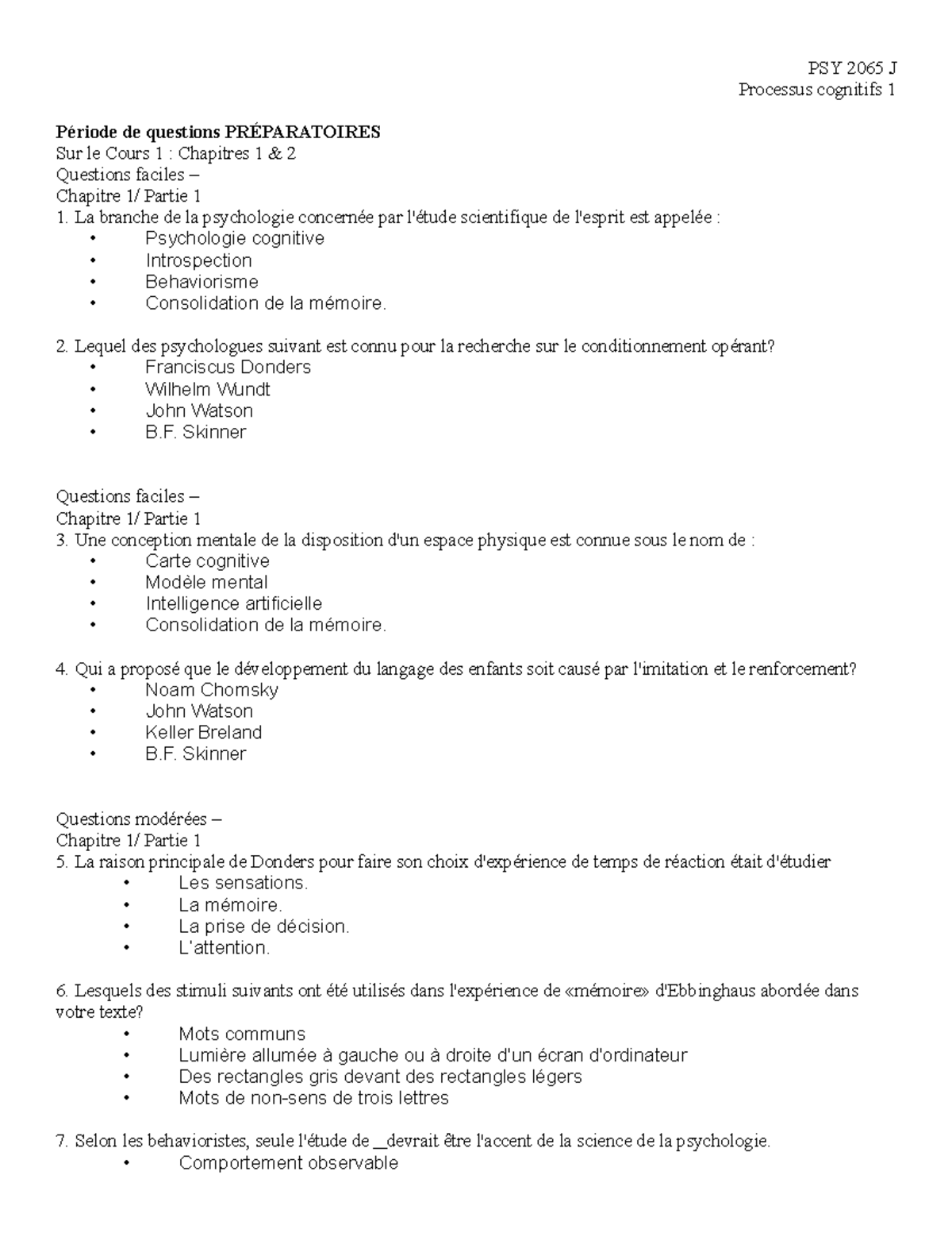 Cours 2 - PSY 2065 J Processus cognitifs 1 Période de questions ...