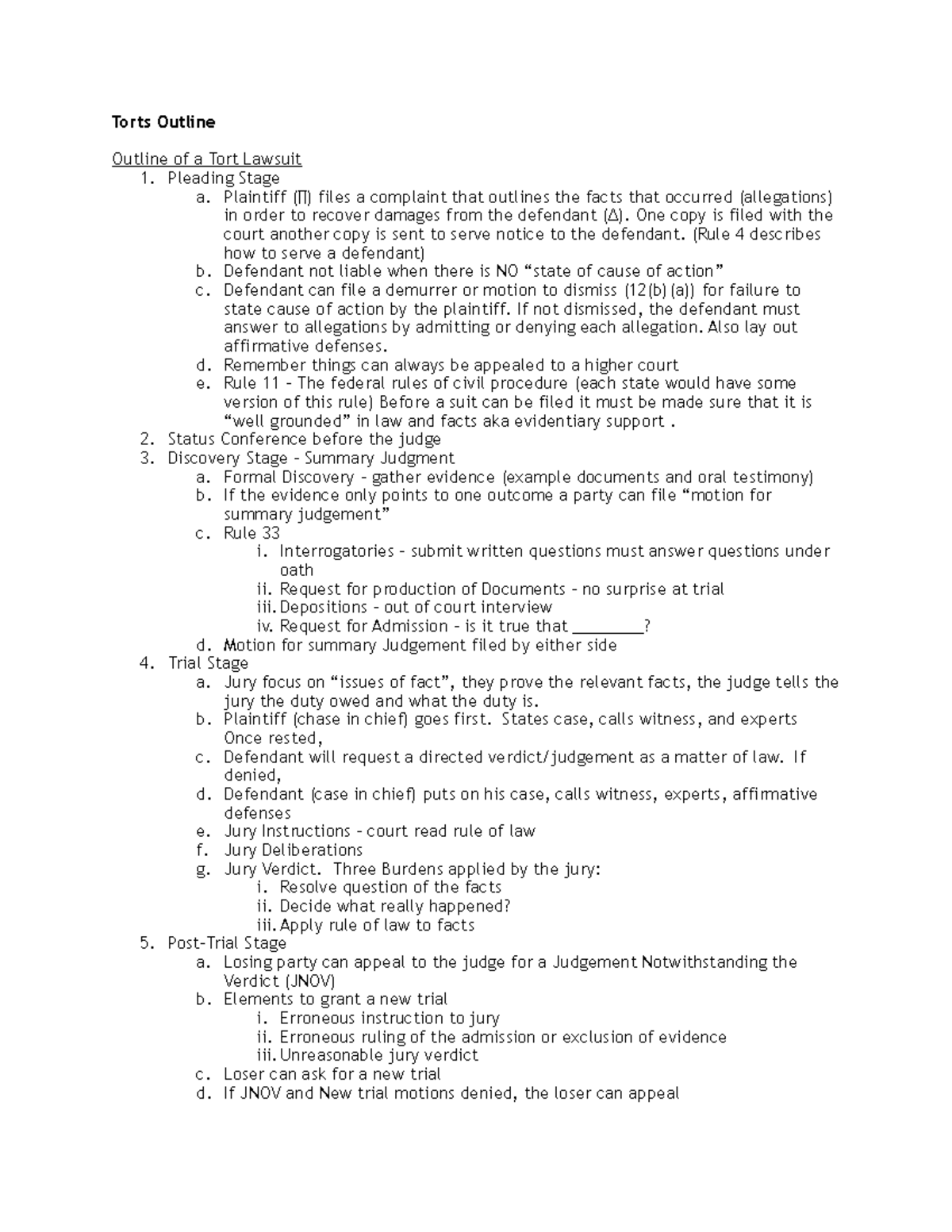 Torts Outline 2L - To r t s O u t l i n e Outline of a Tort Lawsuit 1 ...