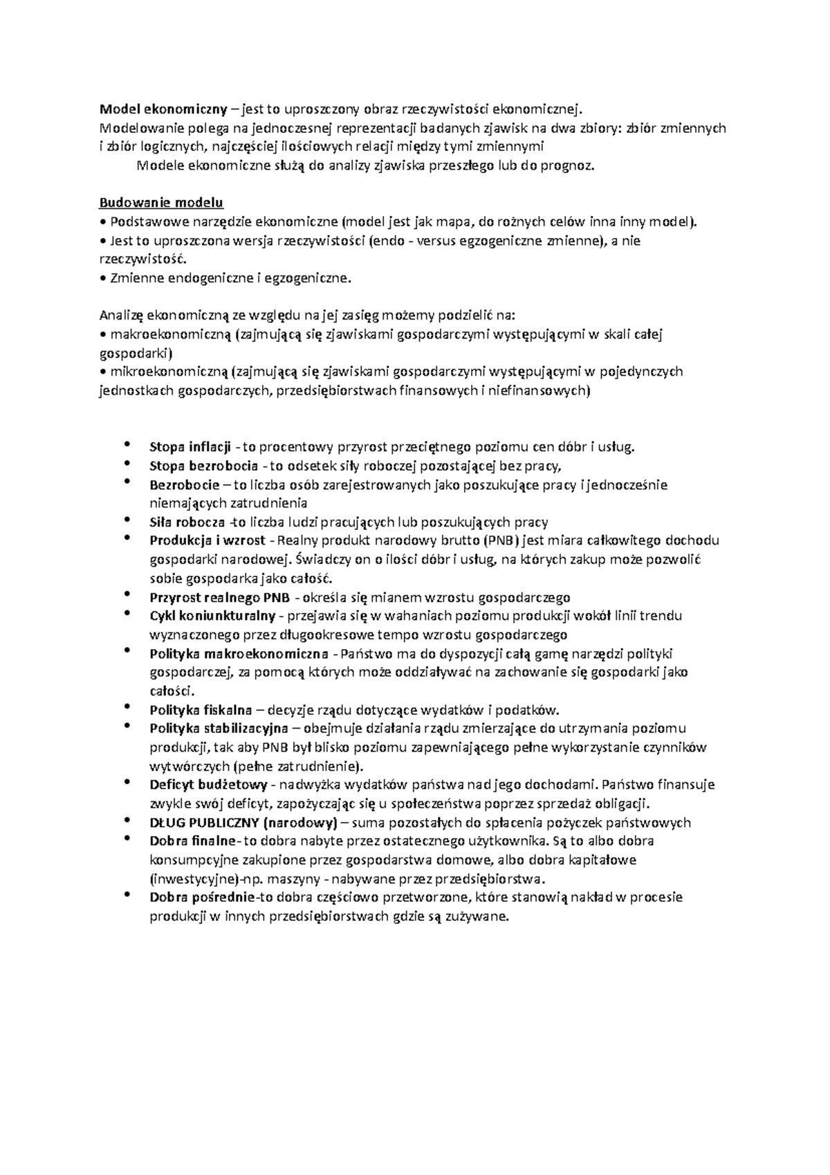 Makro II wykład 1 - notatki - Model ekonomiczny – jest to uproszczony ...