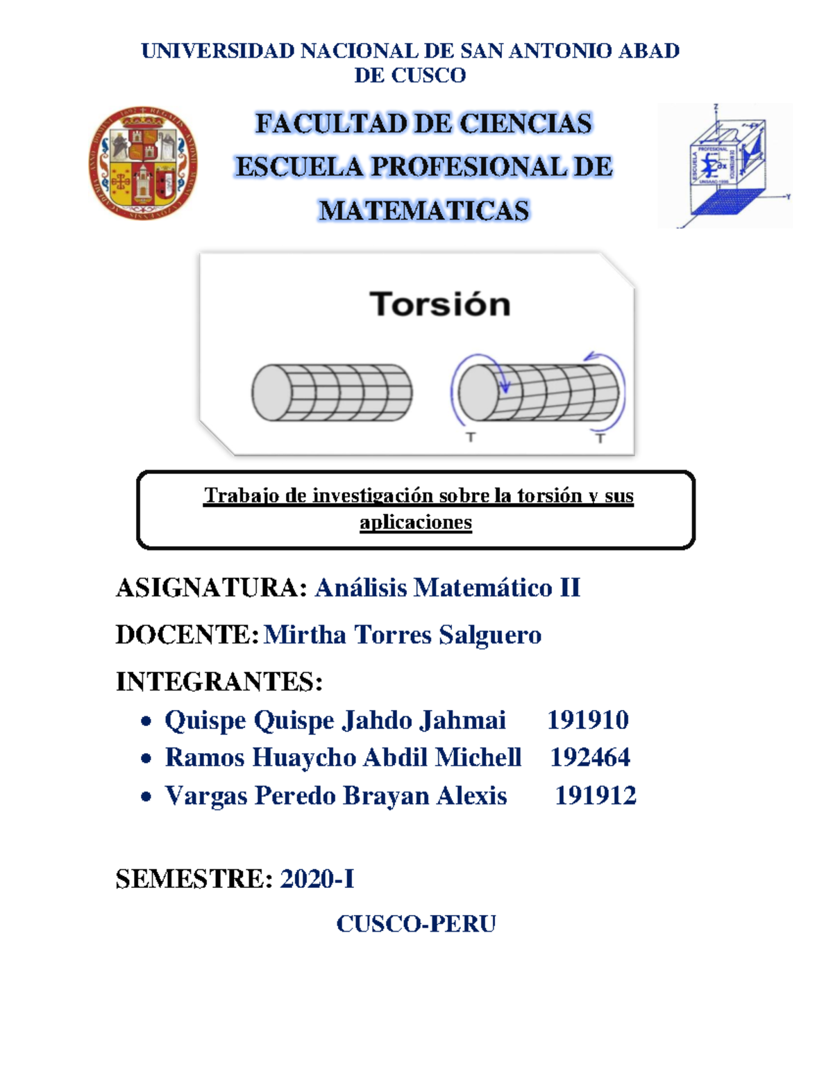 La torsion y sus aplicaciones - Warning: TT: undefined function: 32 ASIGNATURA: Análisis ...