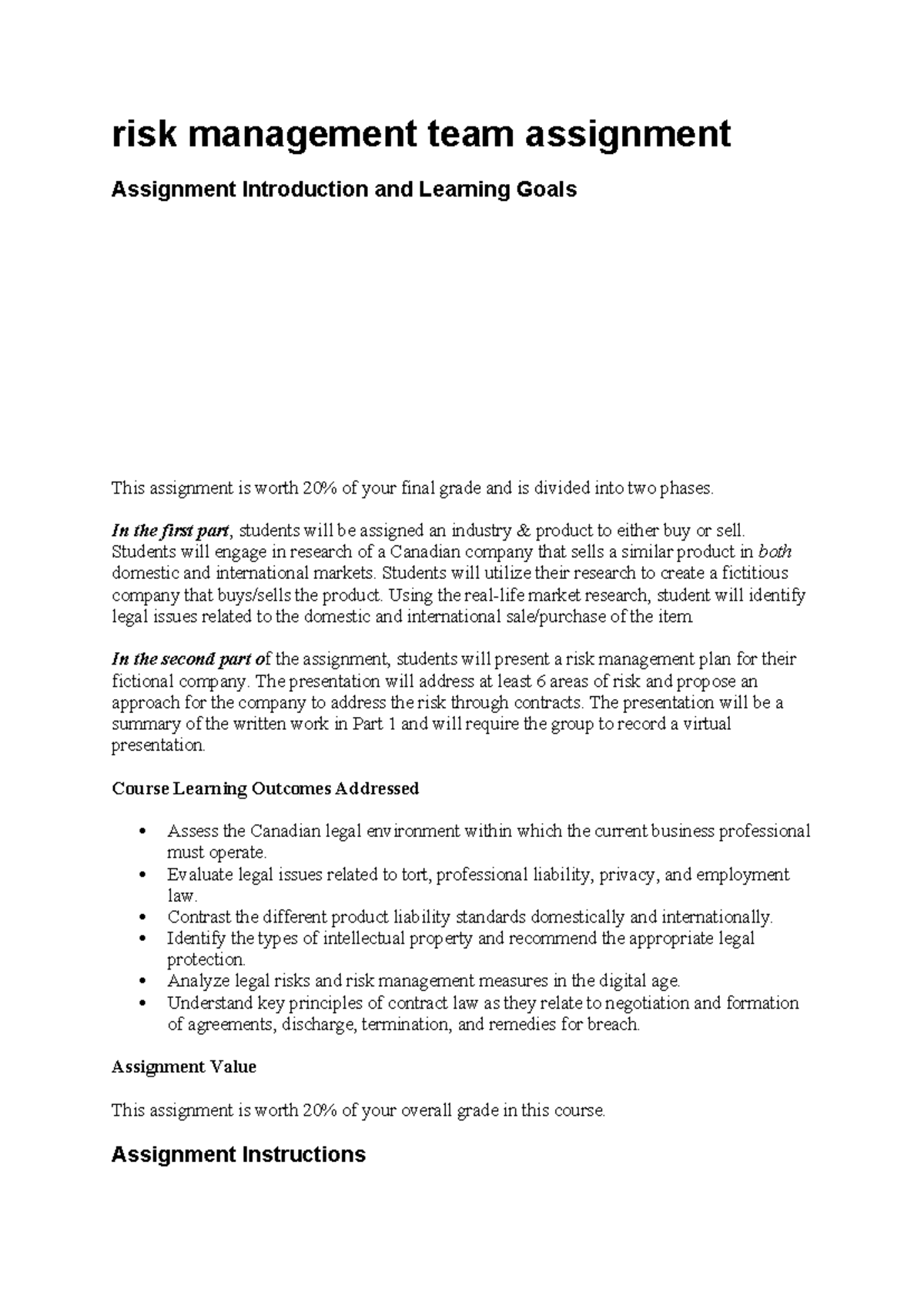 TEAM Assignment Downloadable PDF - risk management team assignment Assignment Introduction and ...