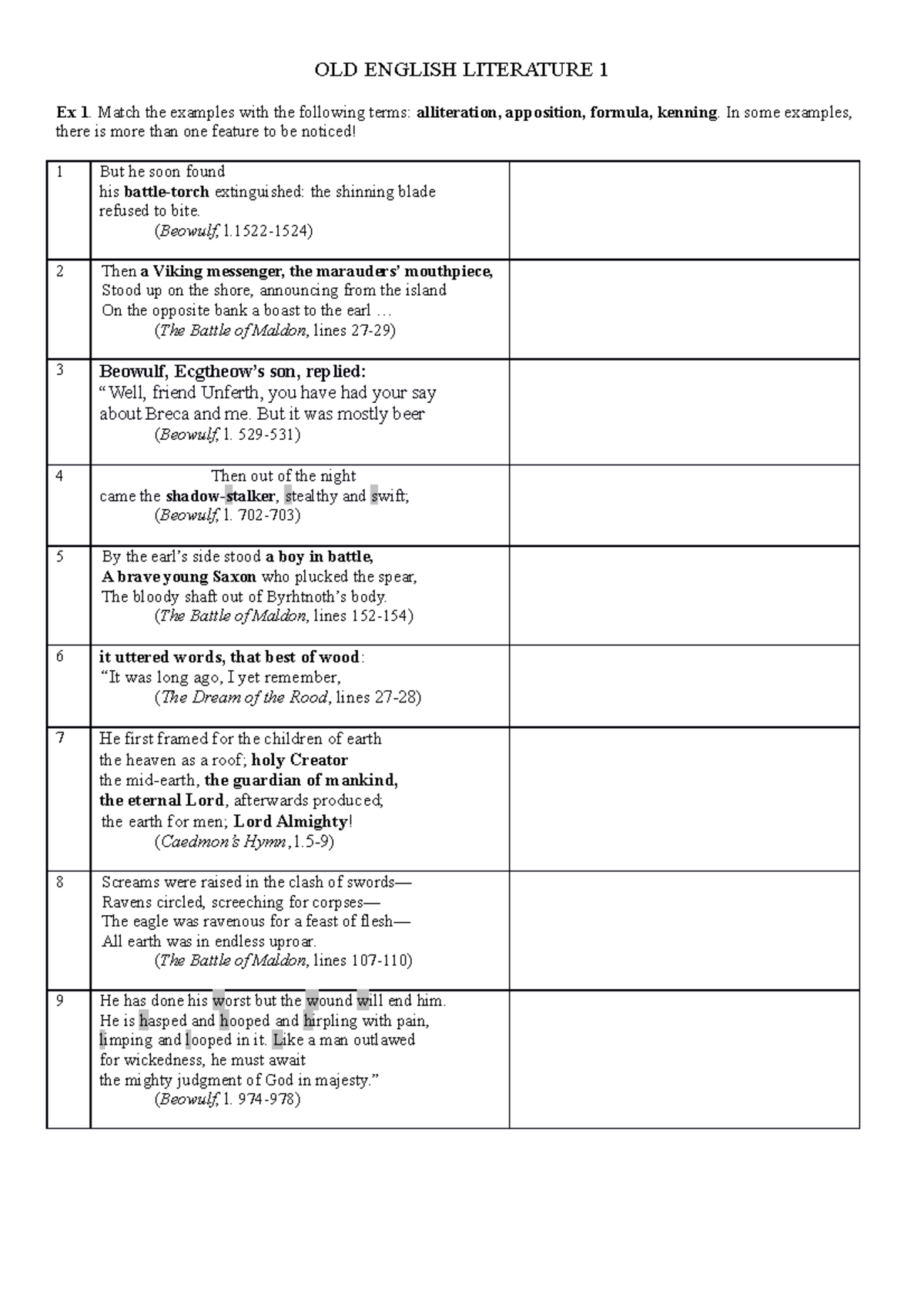 OLD English - exercises Ss - OLD ENGLISH LITERATURE 1 Ex 1. Match the ...