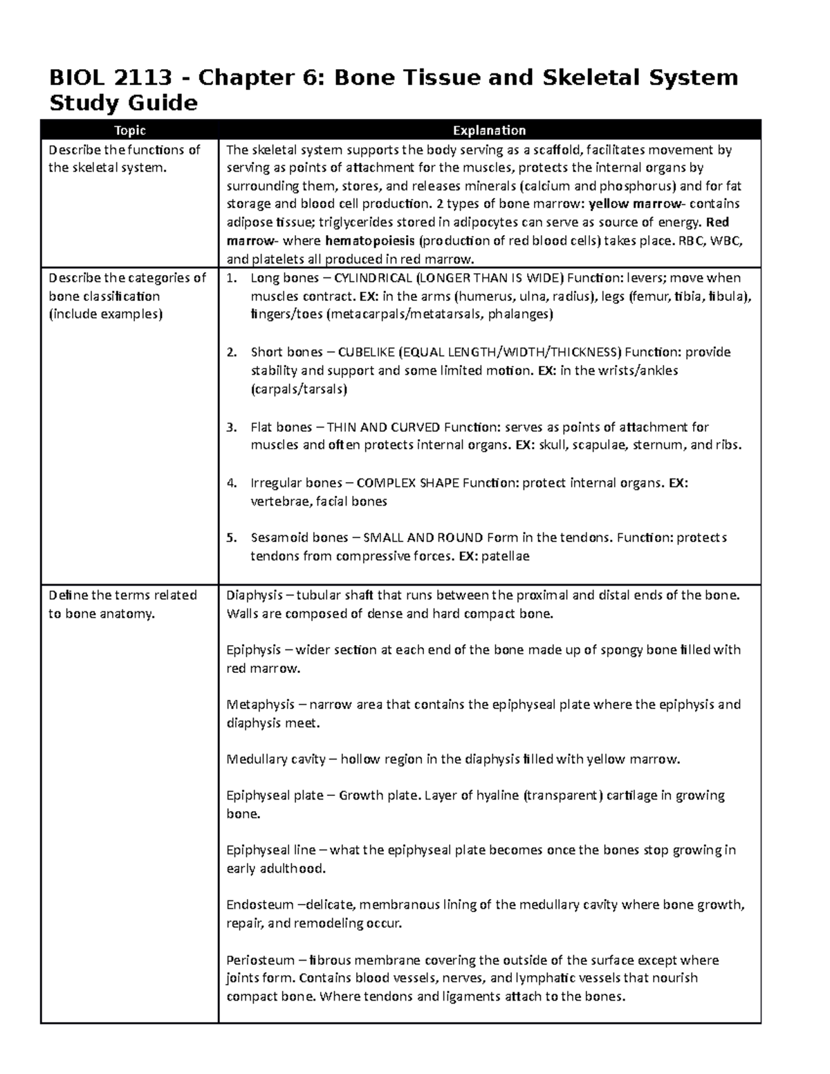 biol 2113 Chap 6 - study guide - BIOL 2113 - Chapter 6: Bone Tissue and ...