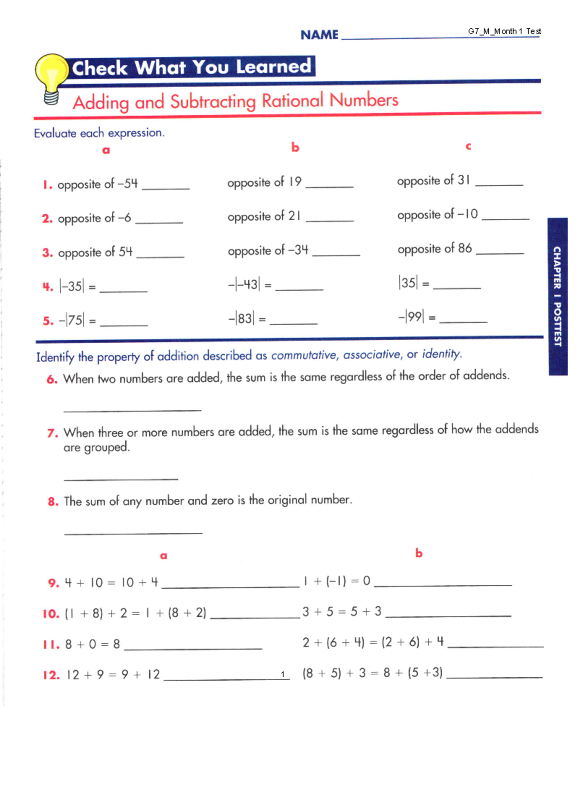 G7 M Month 1 Test - dsw - Adding ond Subtrocting Rotionol Numbers ...