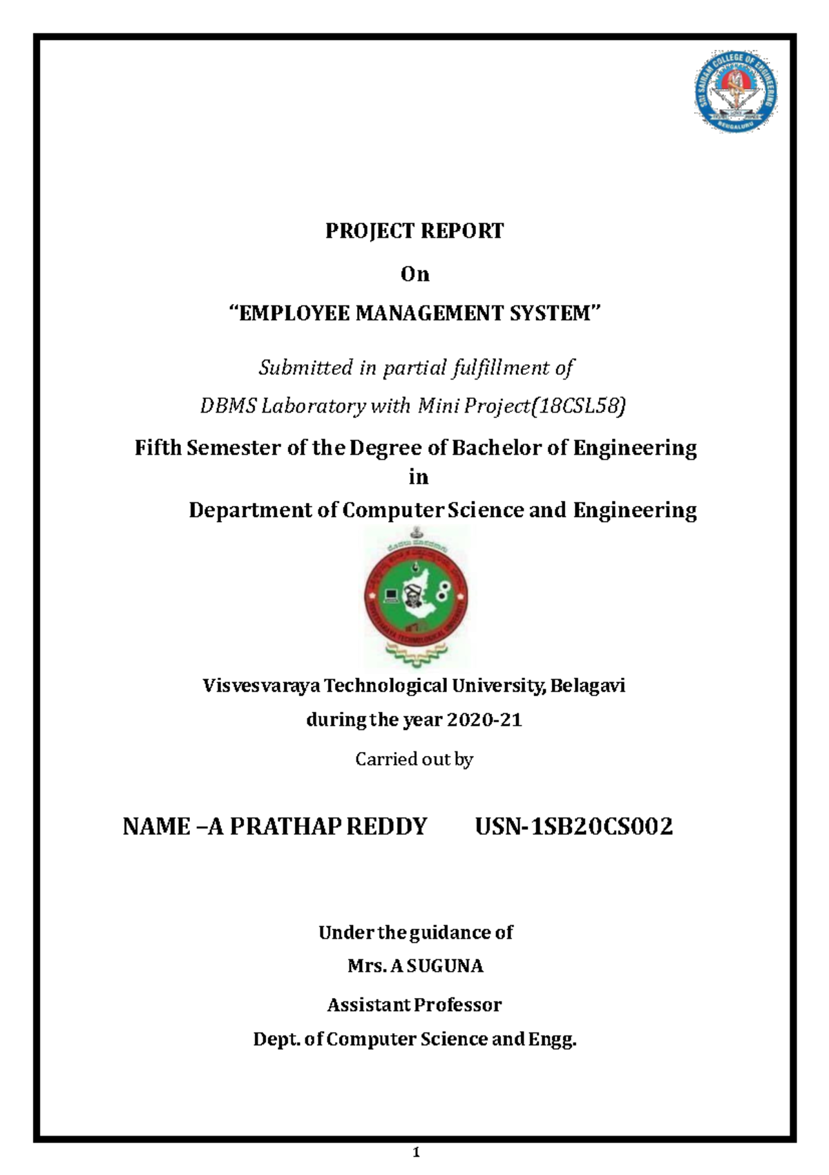 Final DBMS Project Report 123 - PROJECT REPORT On “EMPLOYEE MANAGEMENT SYSTEM” Submitted in ...