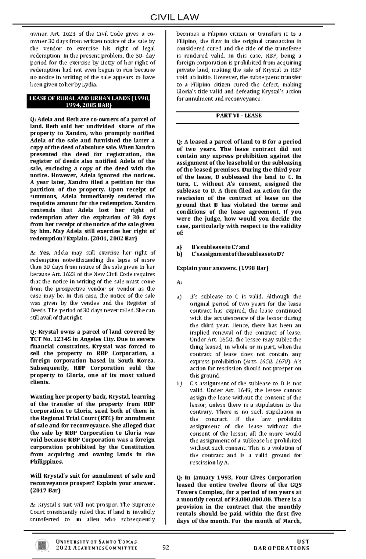 Lease quamto - CIVIL LAW U N I V E R S I T Y O F S A N T O T O M A S 2 ...