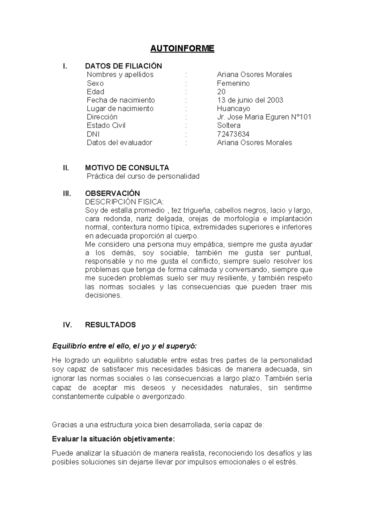Autoinforme - AUTOINFORME I. DATOS DE FILIACIÓN Nombres y apellidos ...