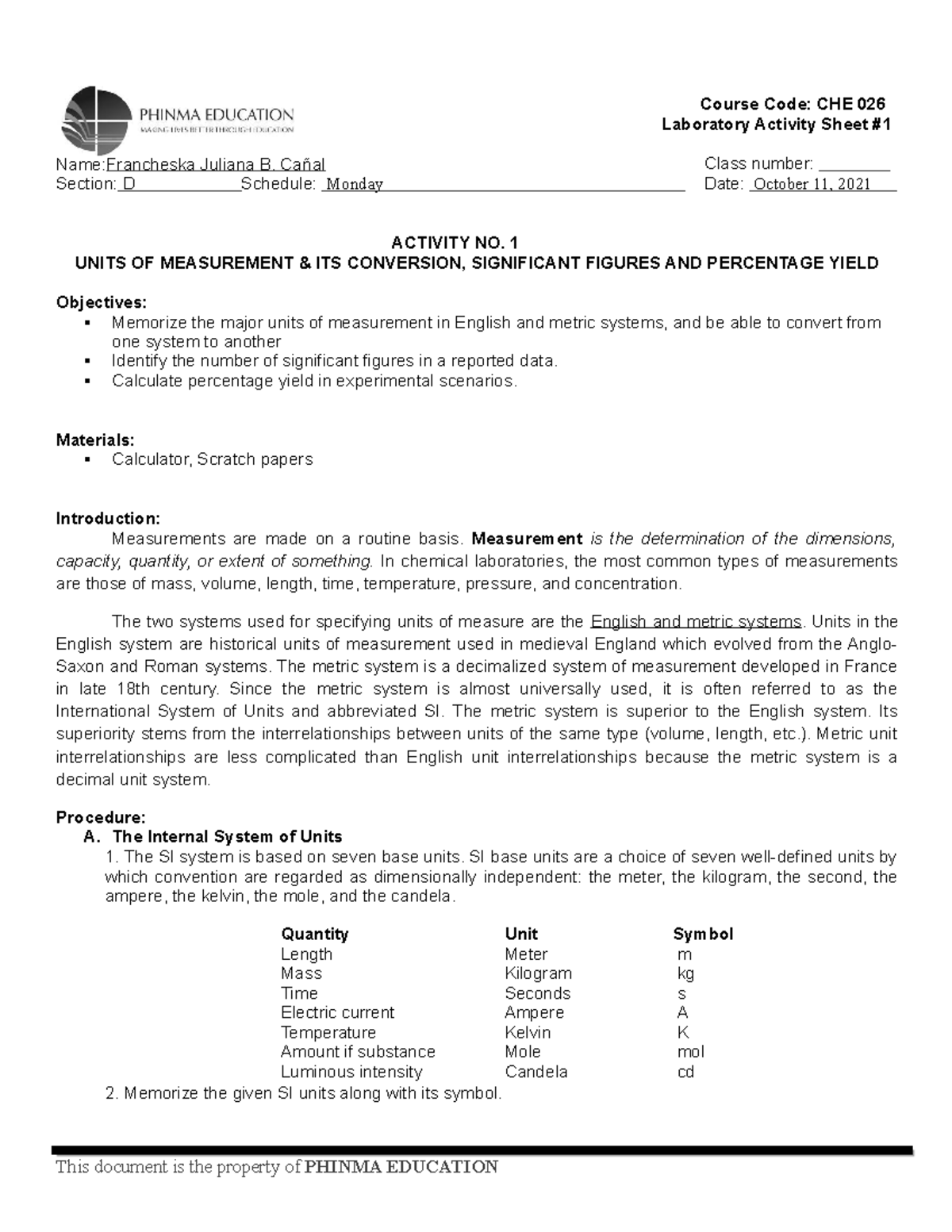 Laboratory notes - ACTIVITY NO. 1 UNITS OF MEASUREMENT & ITS CONVERSION ...