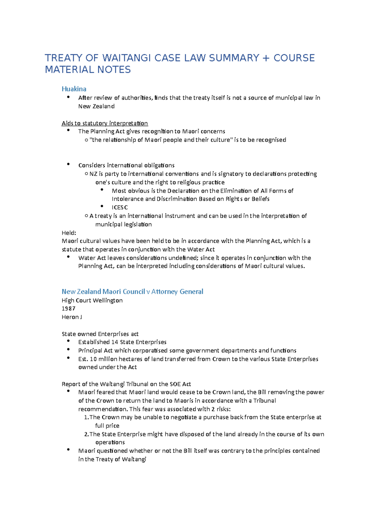 Treaty of Waitangi CASE LAW Summary - TREATY OF WAITANGI CASE LAW ...