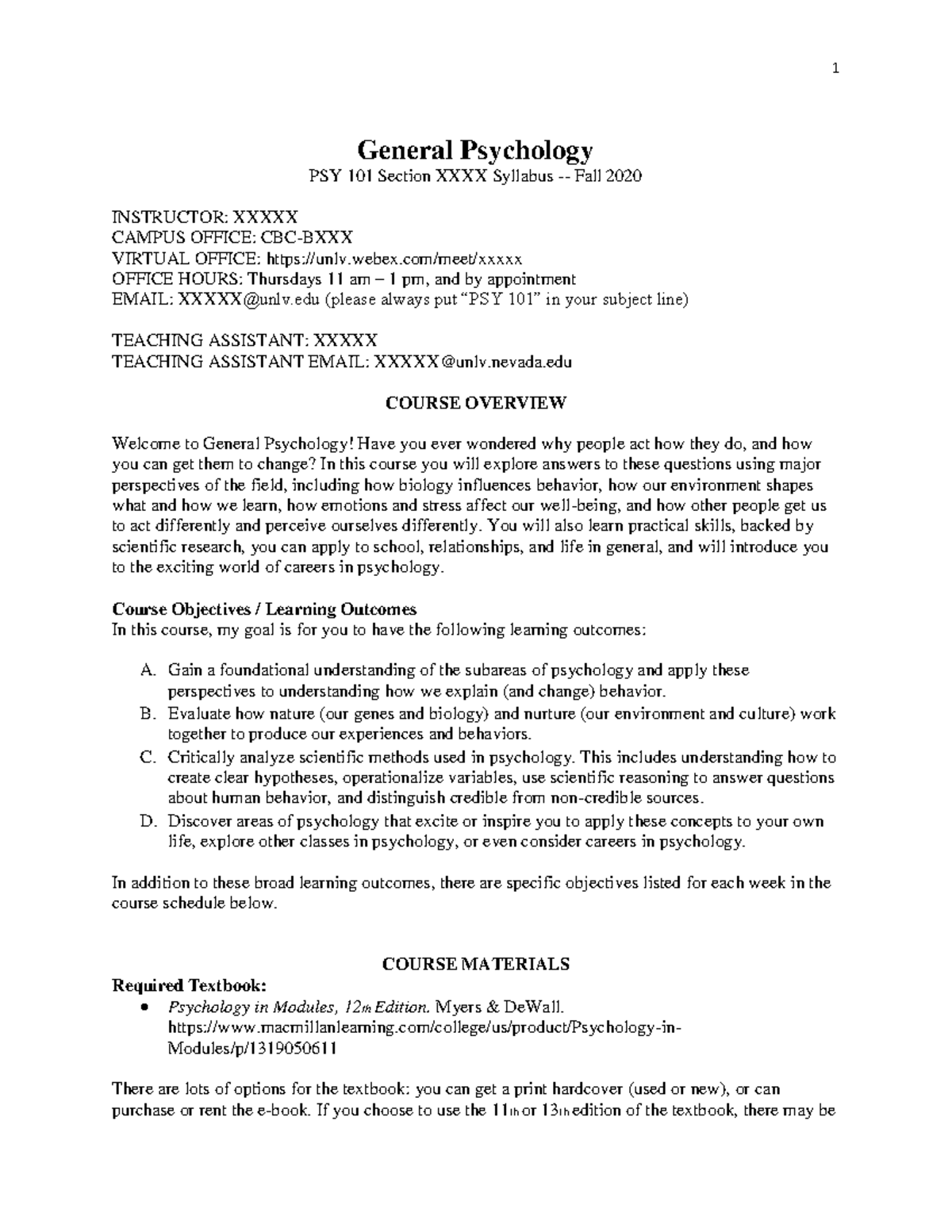 Representative Syllabi-BA-Psychology-PSY101 - General Psychology PSY ...