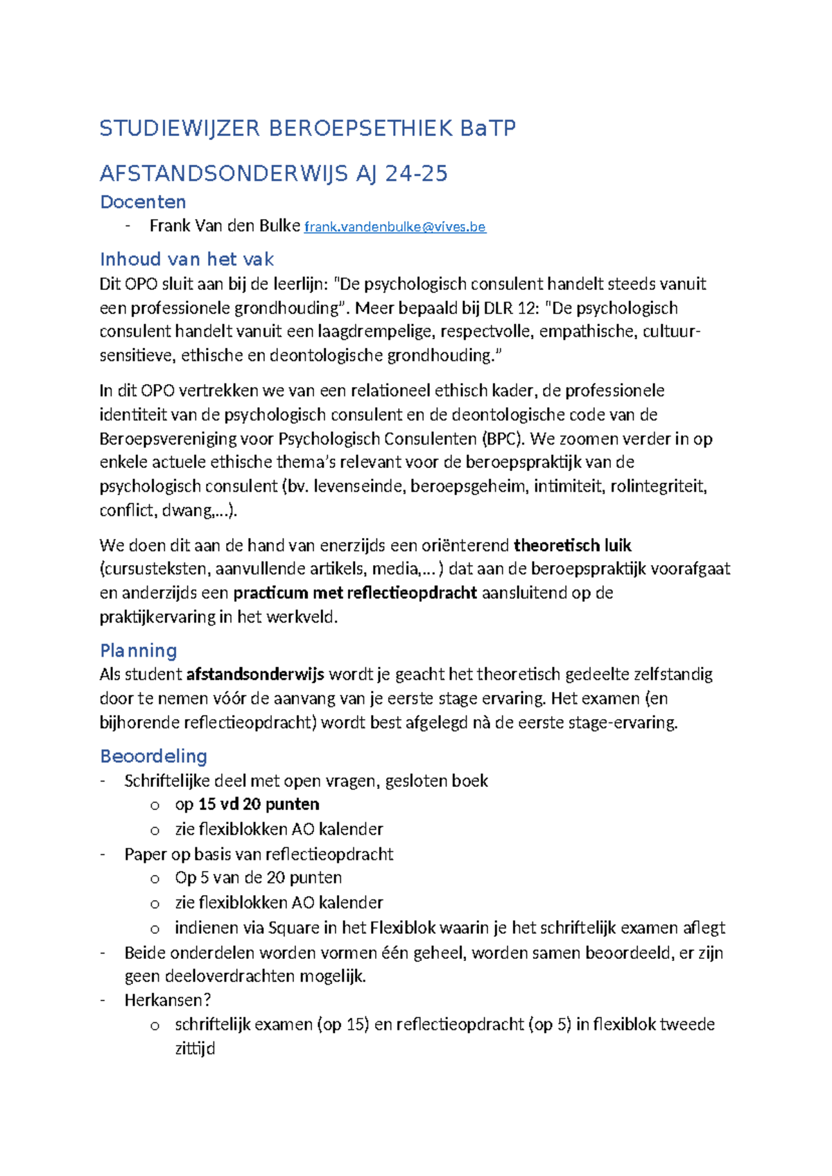 Studiewijzer Beroepsethiek Ba TP 2425 Afstandsonderwijs - STUDIEWIJZER ...