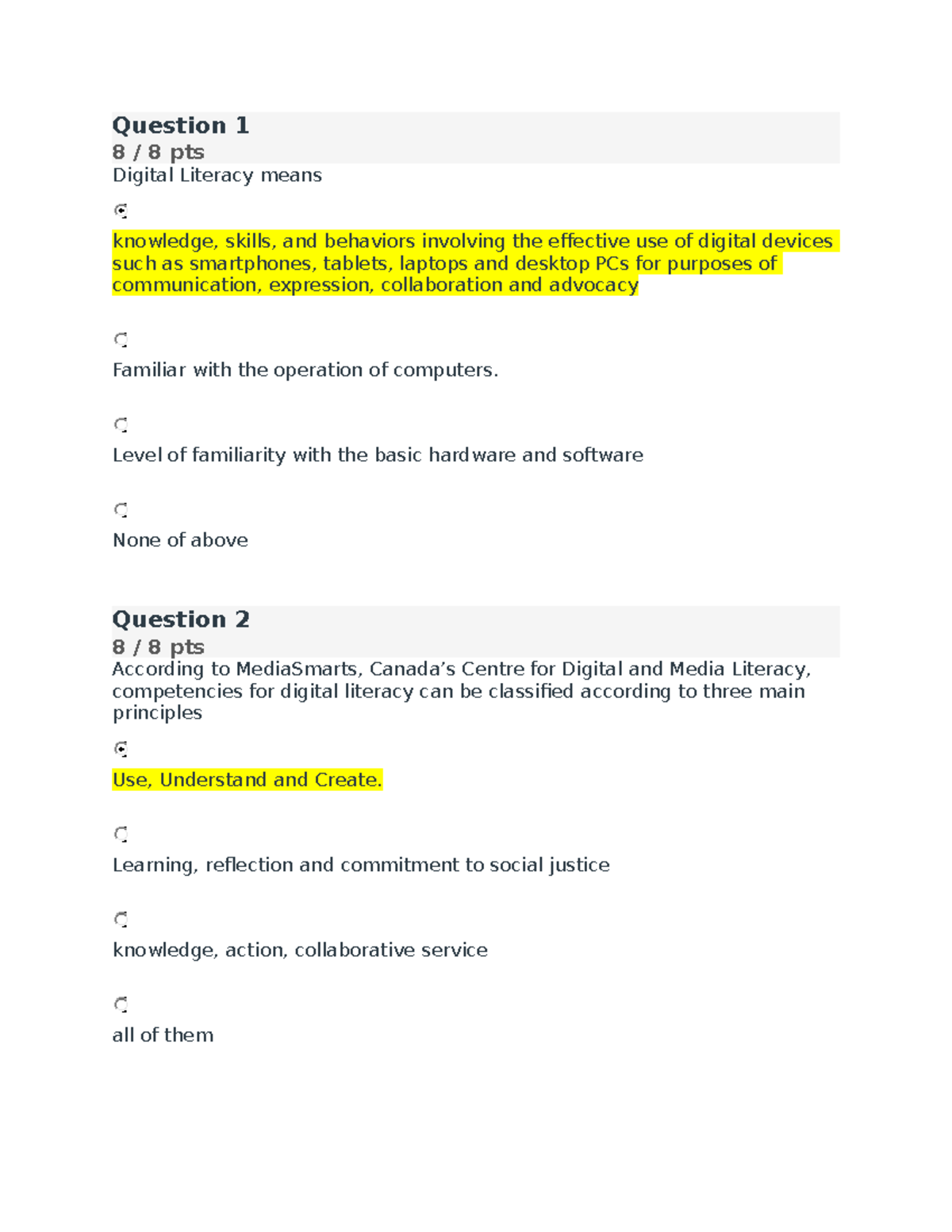 Barry U. Mission and Digital Literacy Quiz - 8 / 8 pts Digital Literacy ...