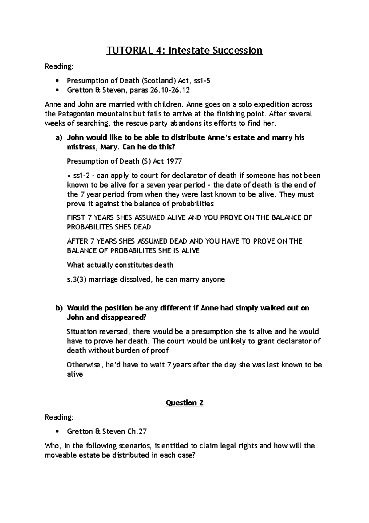 Tutorial 9 - TUTORIAL 4: Intestate Succession Reading: Presumption of ...