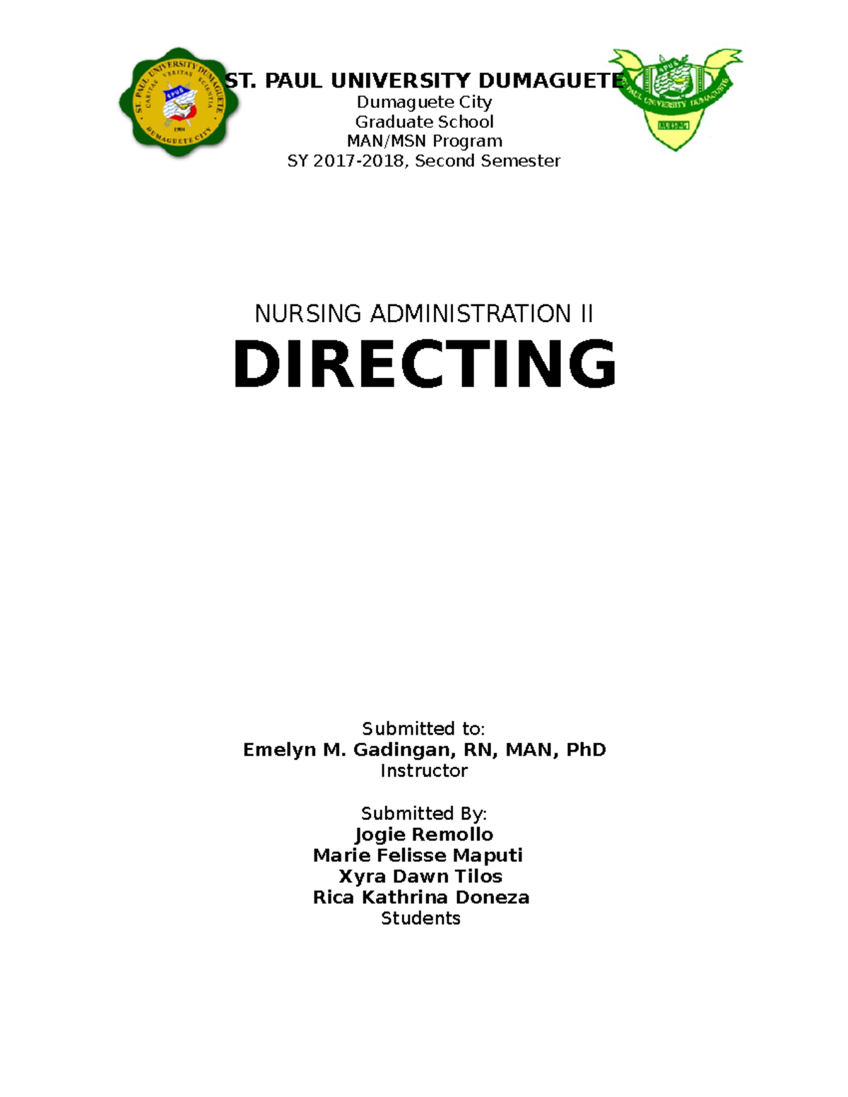 Group 3 Directing - Complete - ST. PAUL UNIVERSITY DUMAGUETE Dumaguete ...