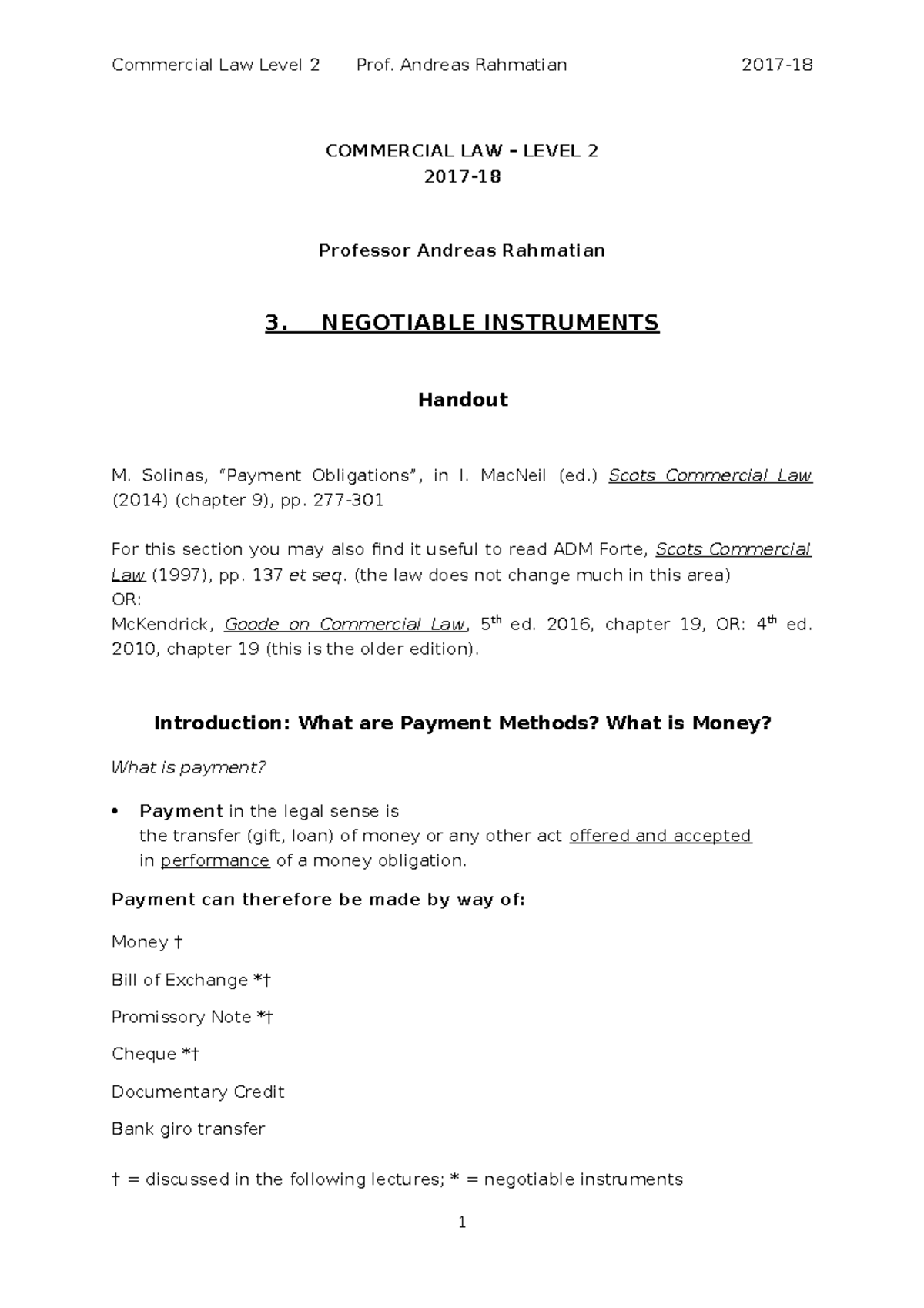 Negotiable Instruments Handout - COMMERCIAL LAW – LEVEL 2 2017 ...