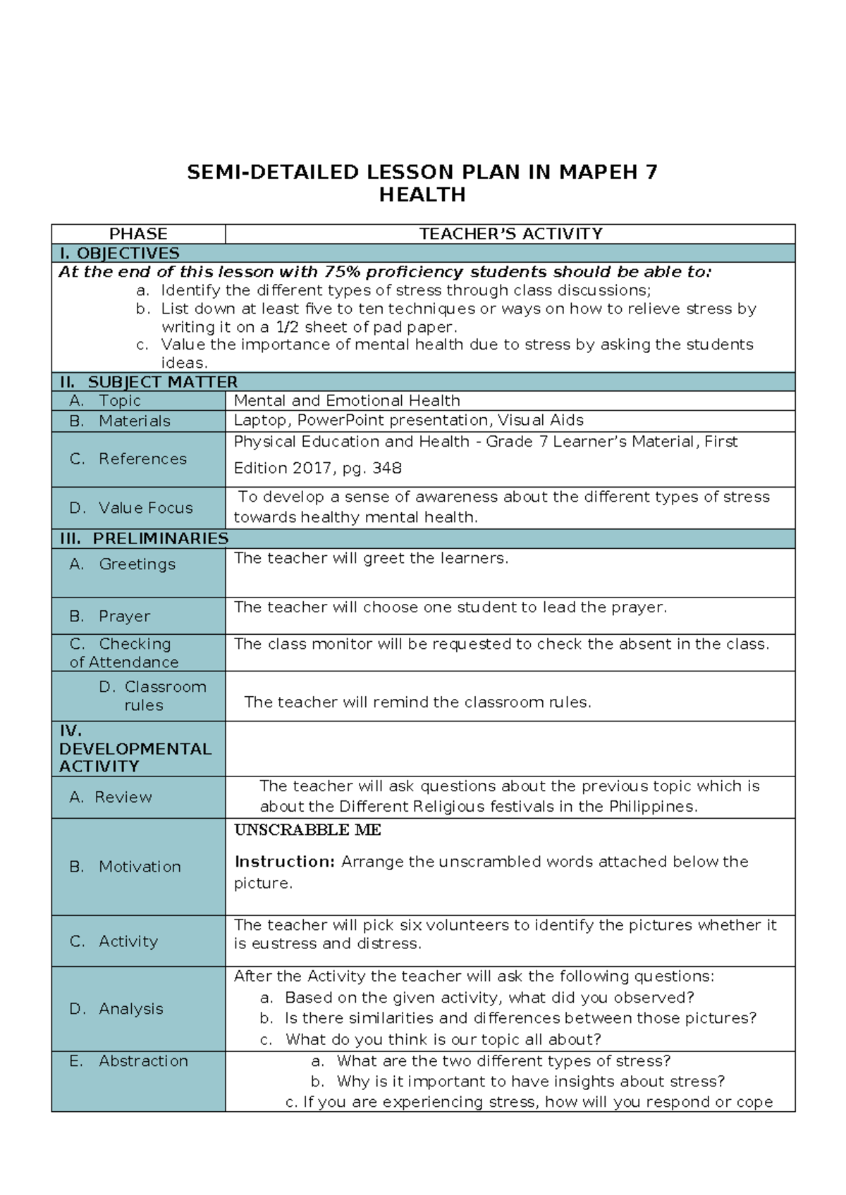 SEMI DETAILED LESSON PLAN DIFFERENT TYPES OF STRESS MAPEH7- EUSTRESS ...