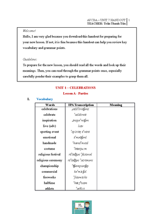 Handout - Unit 8 - Lesson A - TEACHER: Trần Thanh Tân Welcome! Hello, I ...