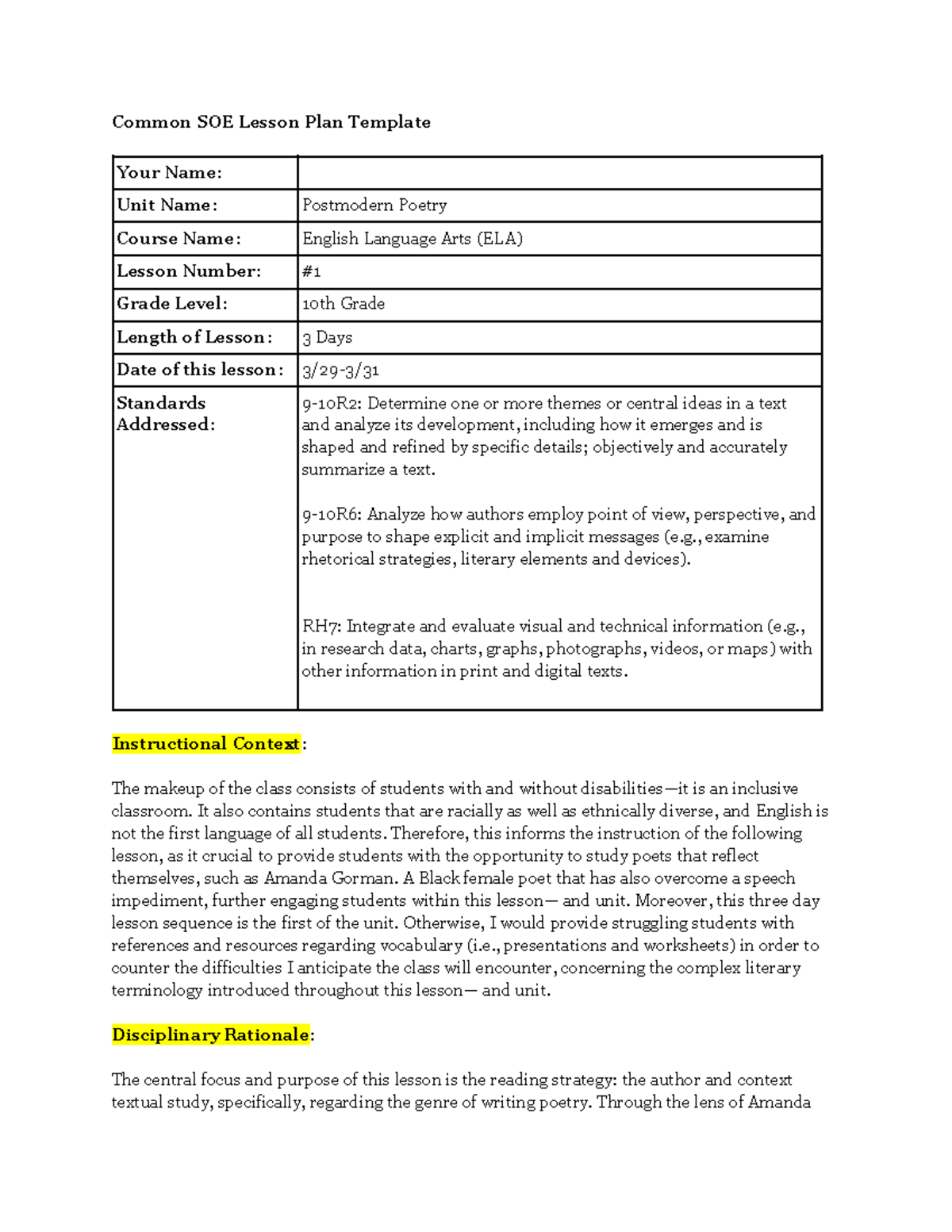 TCH 412 Lesson Sequence Plan - Common SOE Lesson Plan Template Your ...