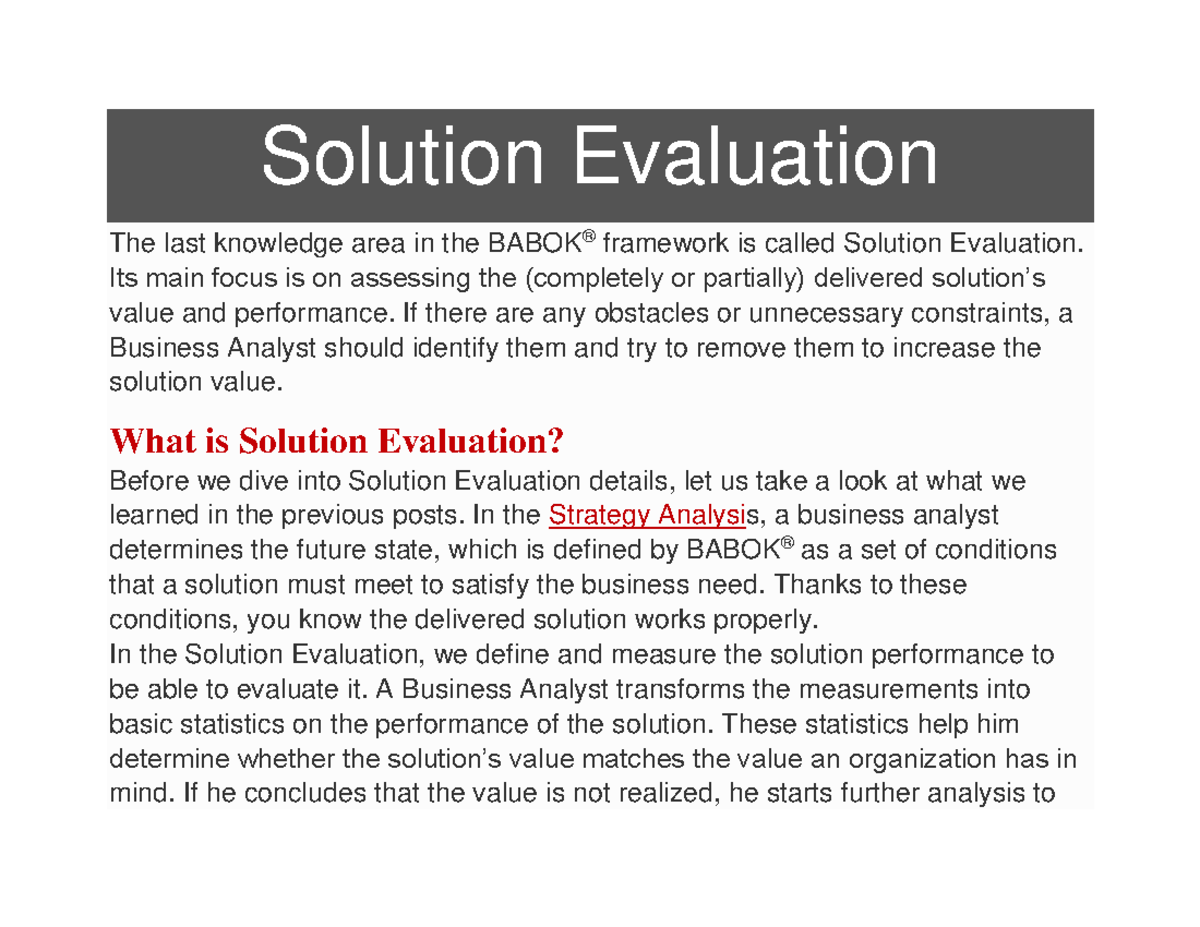 Topic 7 - Solution Evaluation - Solution Evaluation The last knowledge ...