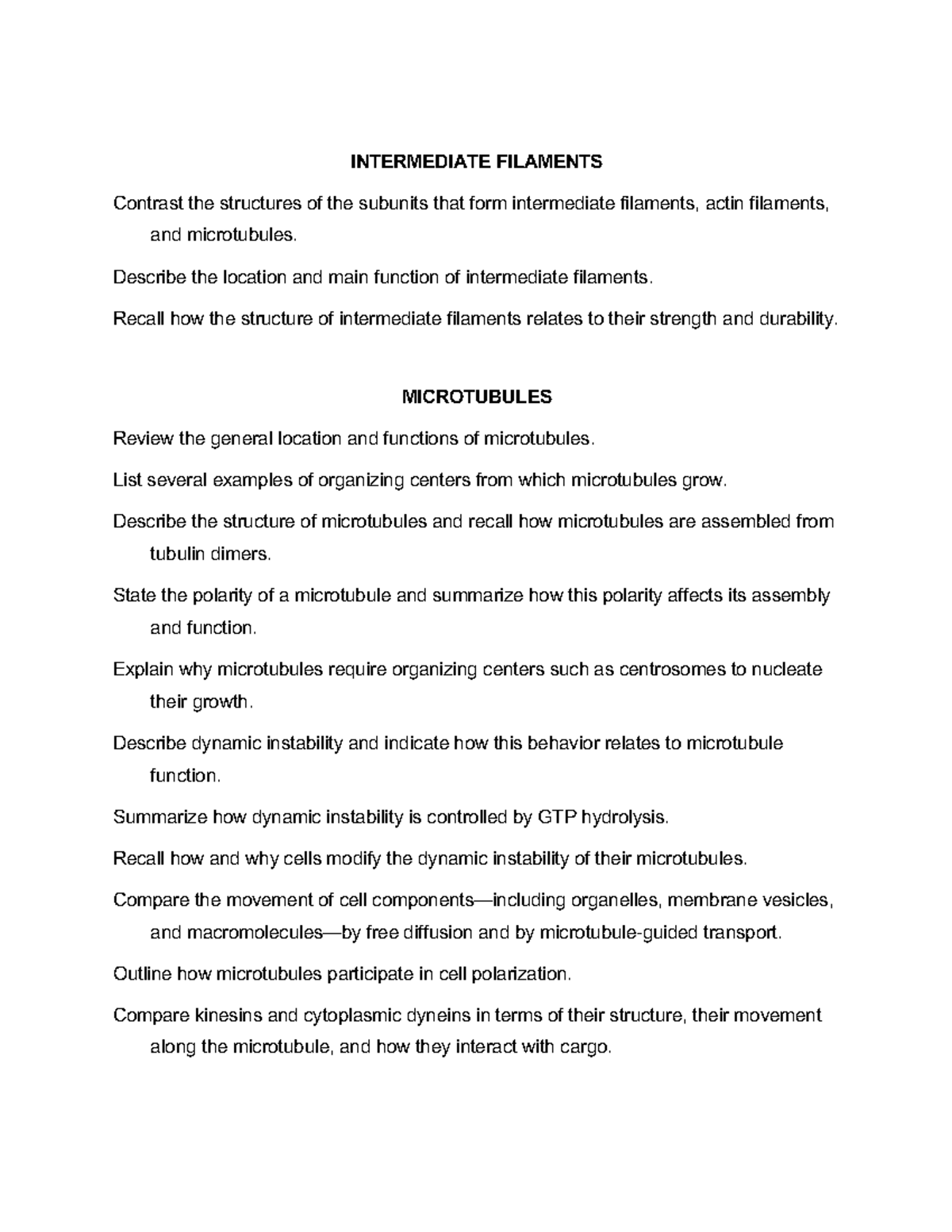 Review overview - INTERMEDIATE FILAMENTS Contrast the structures of the subunits that form - Studocu