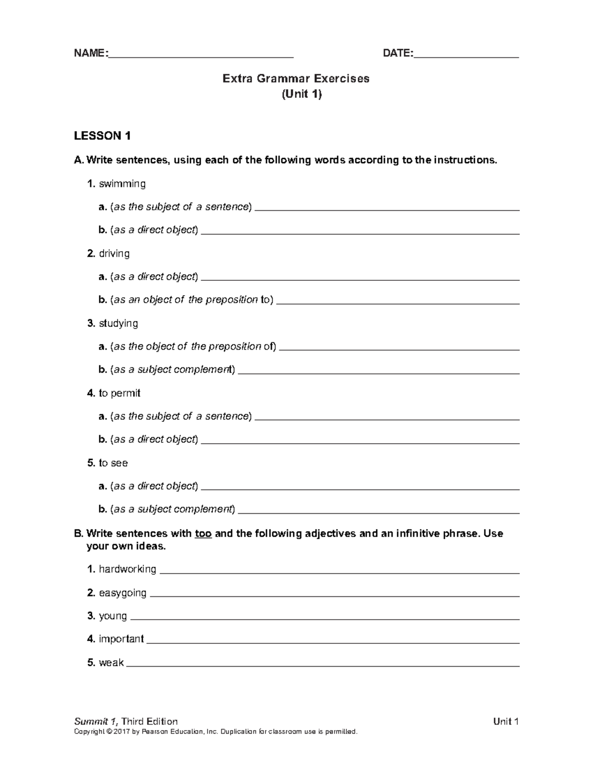 Unit 1 Grammar Summit 1 Extra Gammar Unit 1 Name Date Summit 1