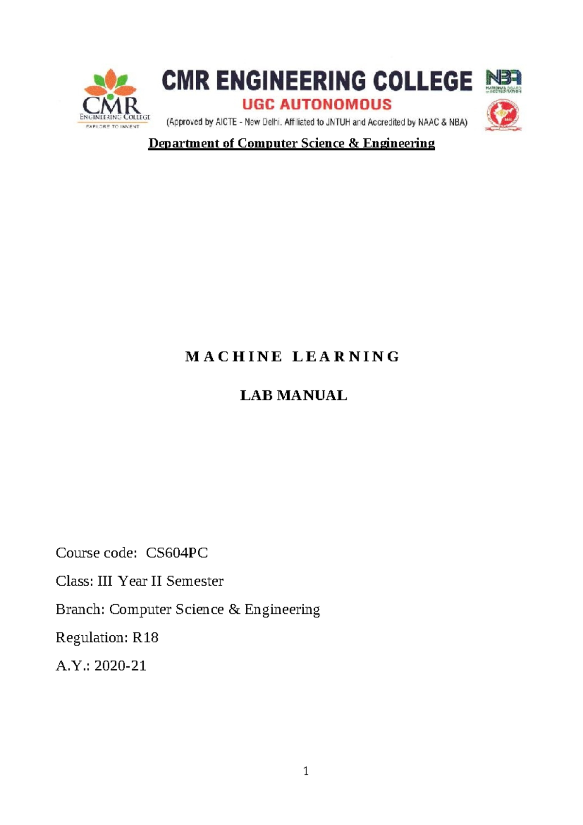 MLlab Manual - cud - Department of Computer Science & Engineering M A C ...