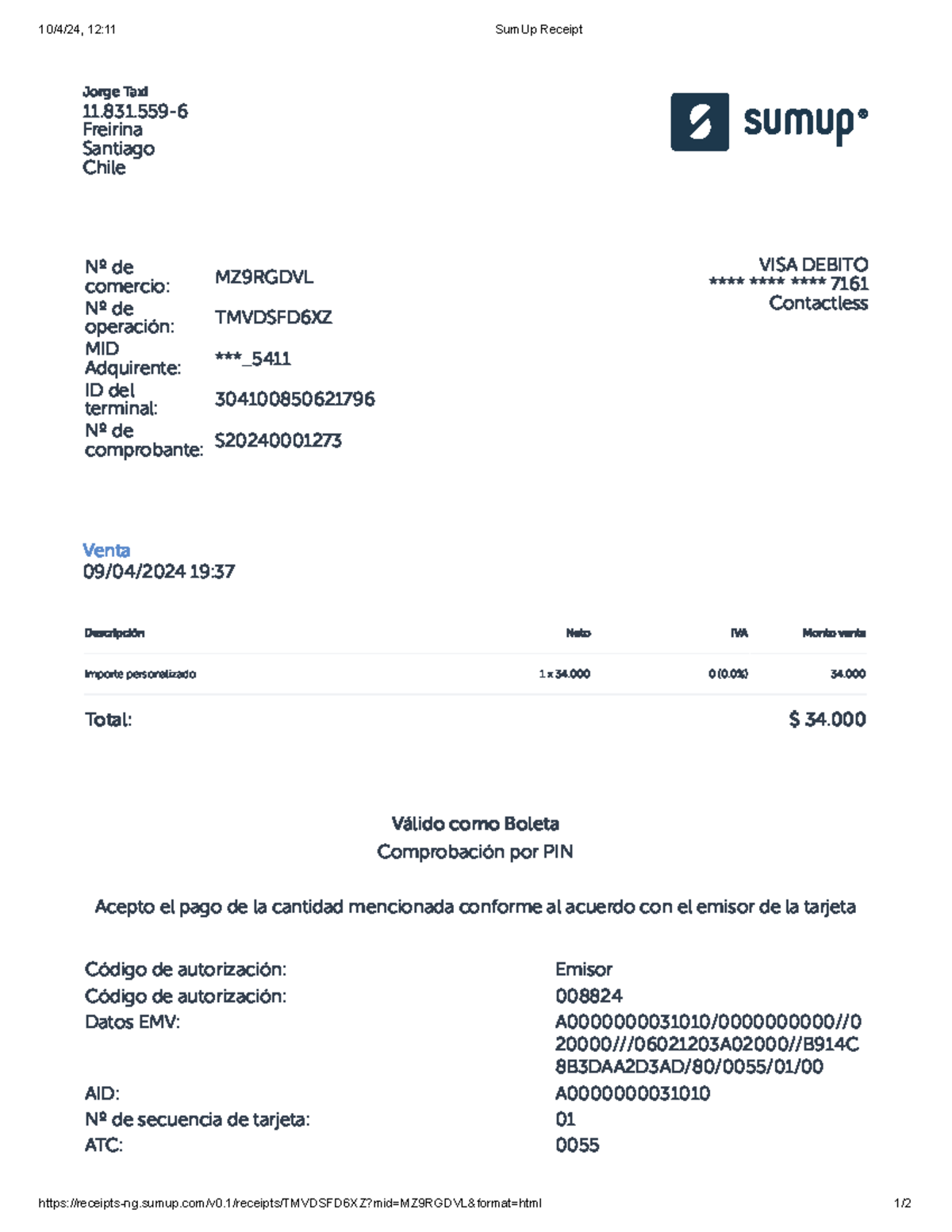 Sum Up Receipt - comprobante - 10/4/24, 12:11 SumUp Receipt - Studocu