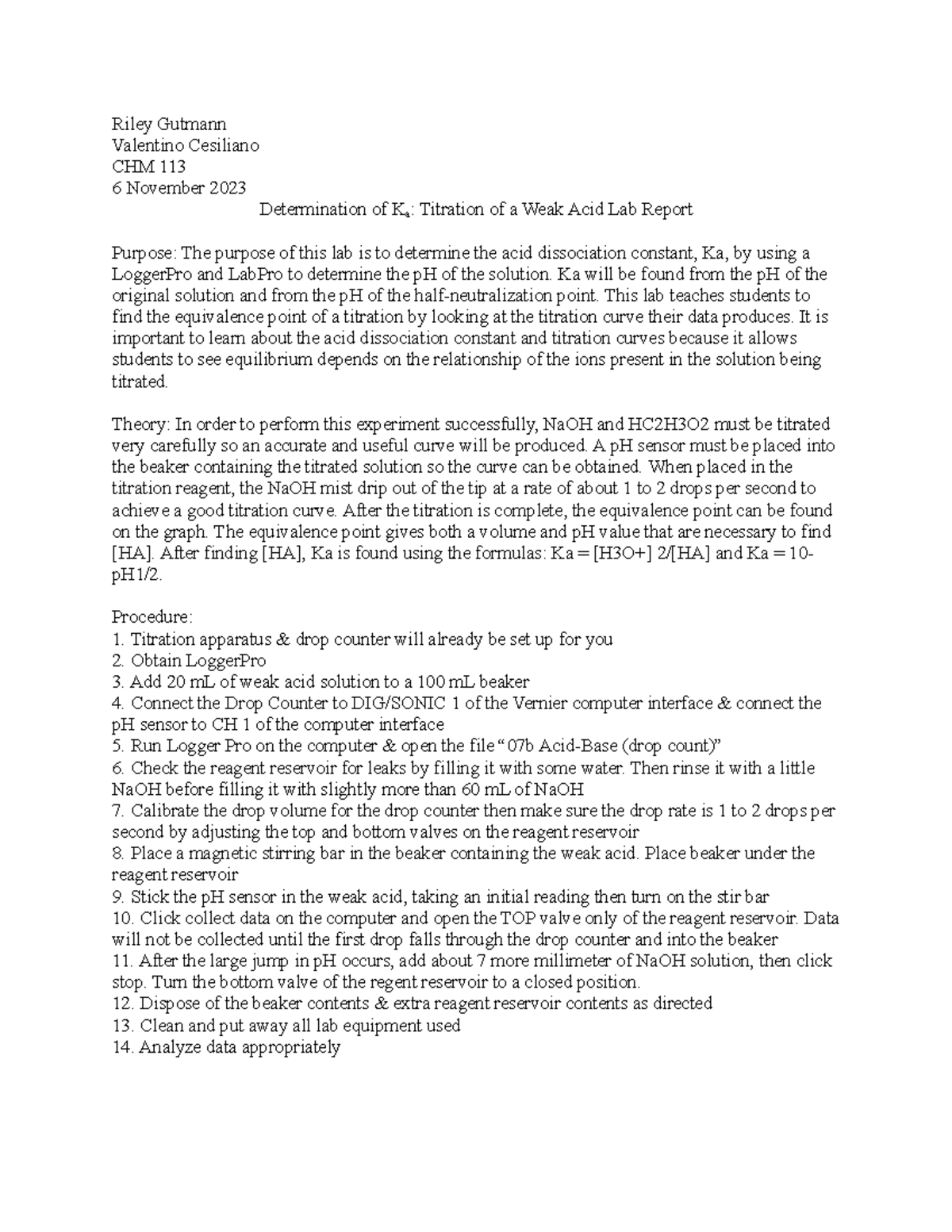 Determination of Ka Lab Report - Riley Gutmann Valentino Cesiliano CHM ...