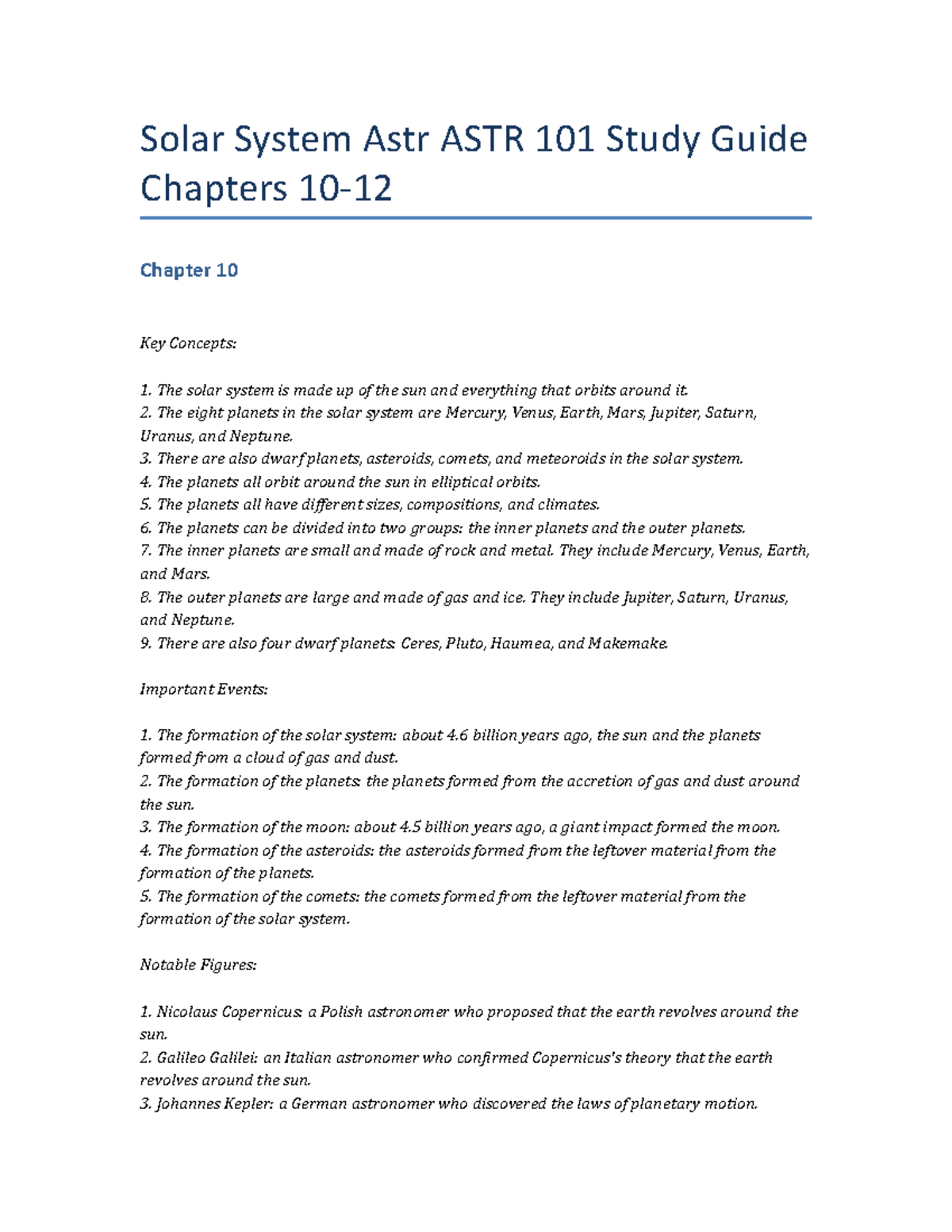Solar System Astr ASTR 101 Study Guide Chapters 10-12 - Solar System ...