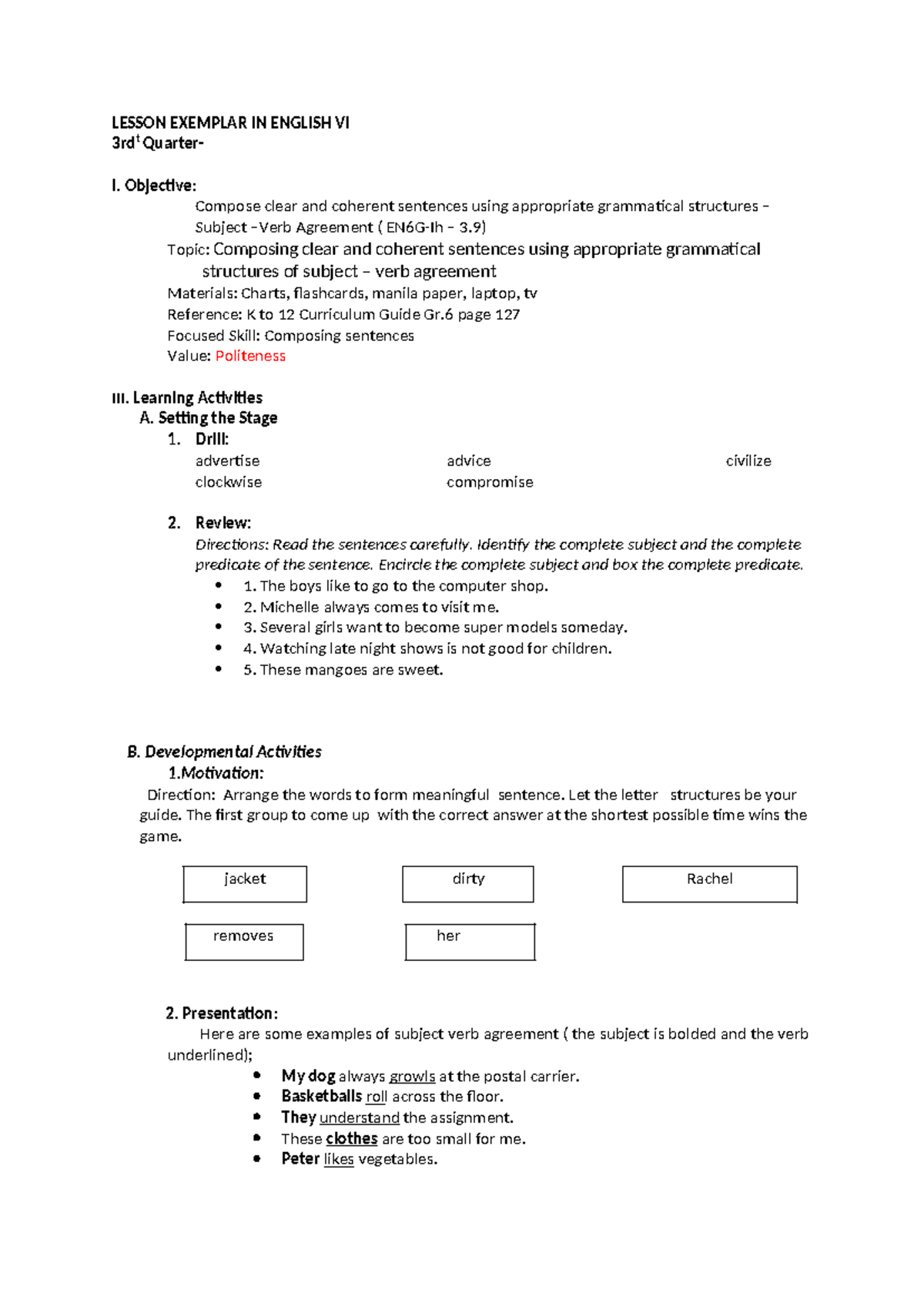 Cot lesson plan 3rd grading - LESSON EXEMPLAR IN ENGLISH VI 3rdt ...