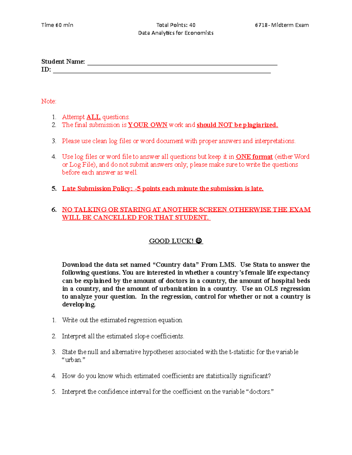 Midterm Exam - exam - Time 60 min Total Points: 40 6718- Midterm Exam Data Analytics for ...