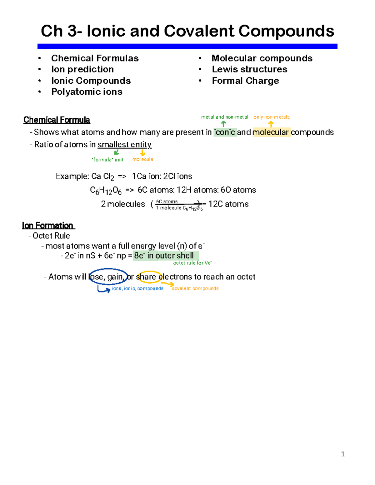 Chapter 3 Notes (CHM109) - Ch 3- Ionic and Covalent Compounds ...