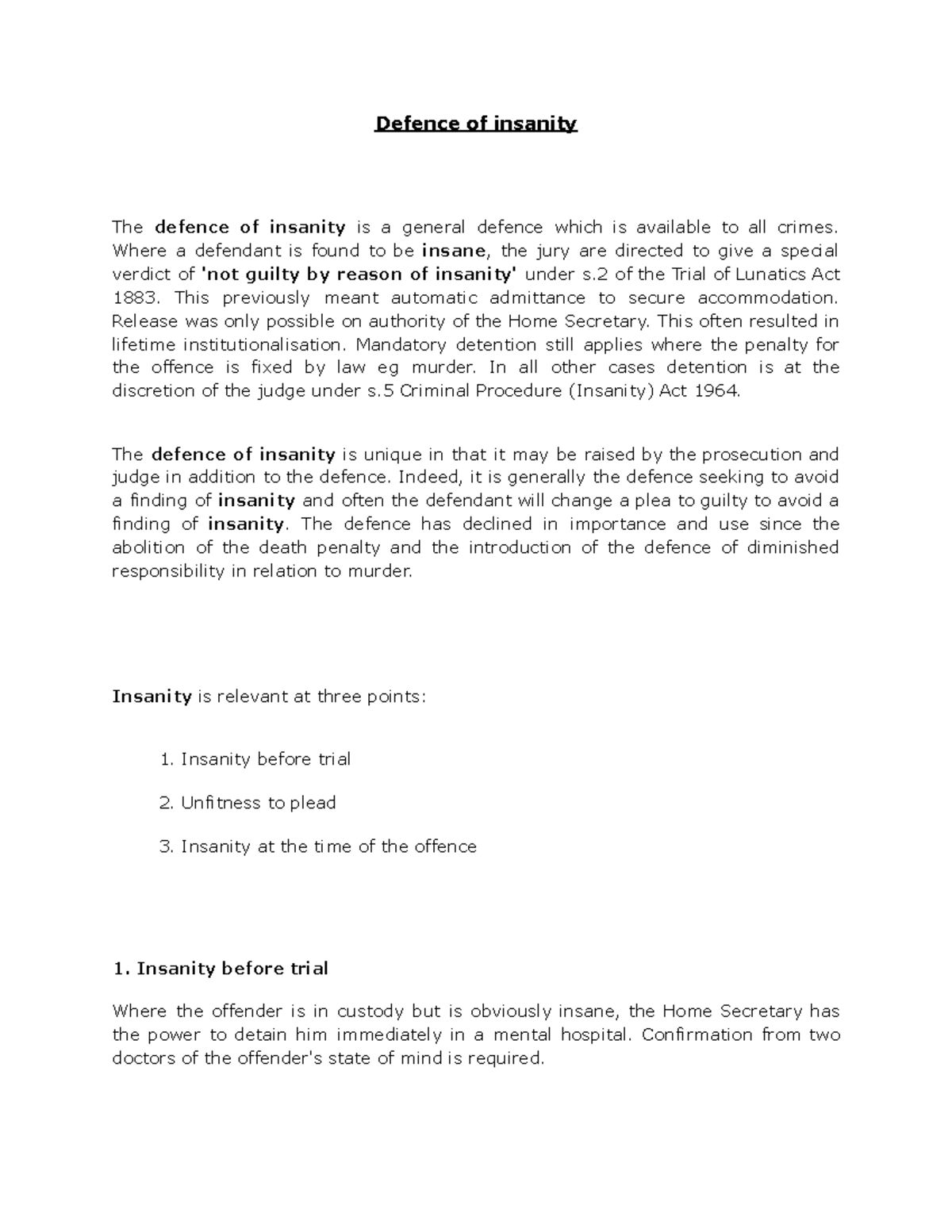 Defenses - Complete notes for defences - Defence of insanity The ...