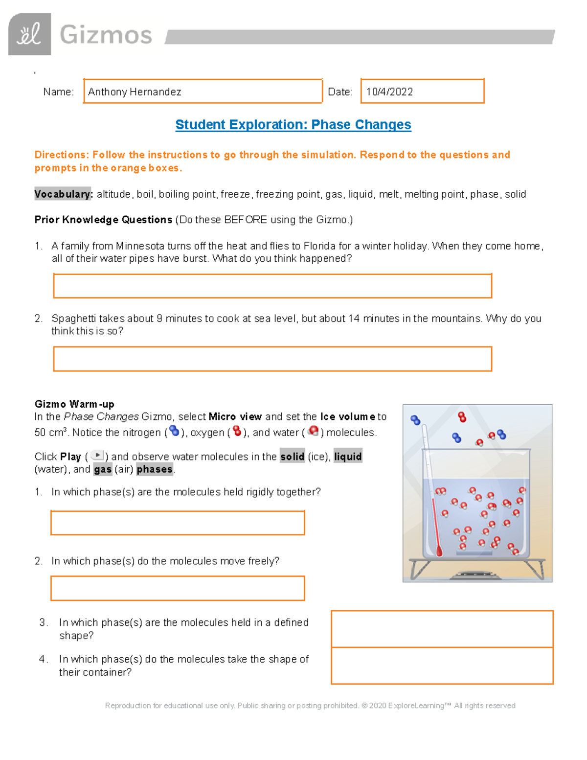 Phase Changes SE - ‘ Name: Anthony Hernandez Date: 10/4/ Student ...