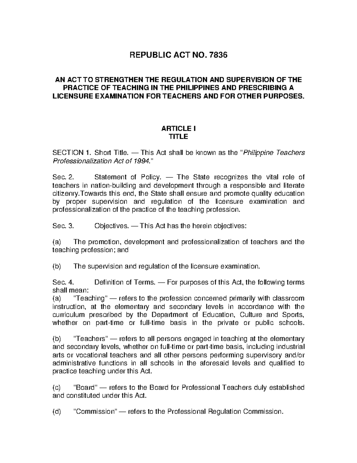 Professional Teachers - RA No. 7836 0 - REPUBLIC ACT NO. 7836 AN ACT TO ...