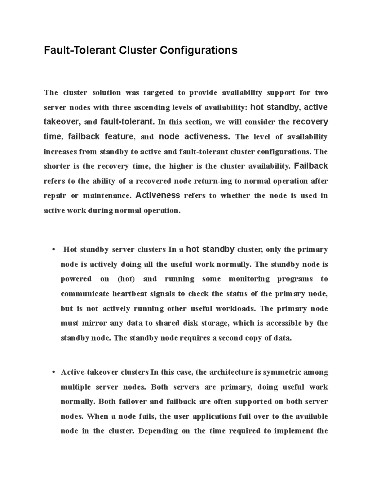 Write A Short Note On Fault Tolerant Cluster Configurations Fault Tolerant Cluster