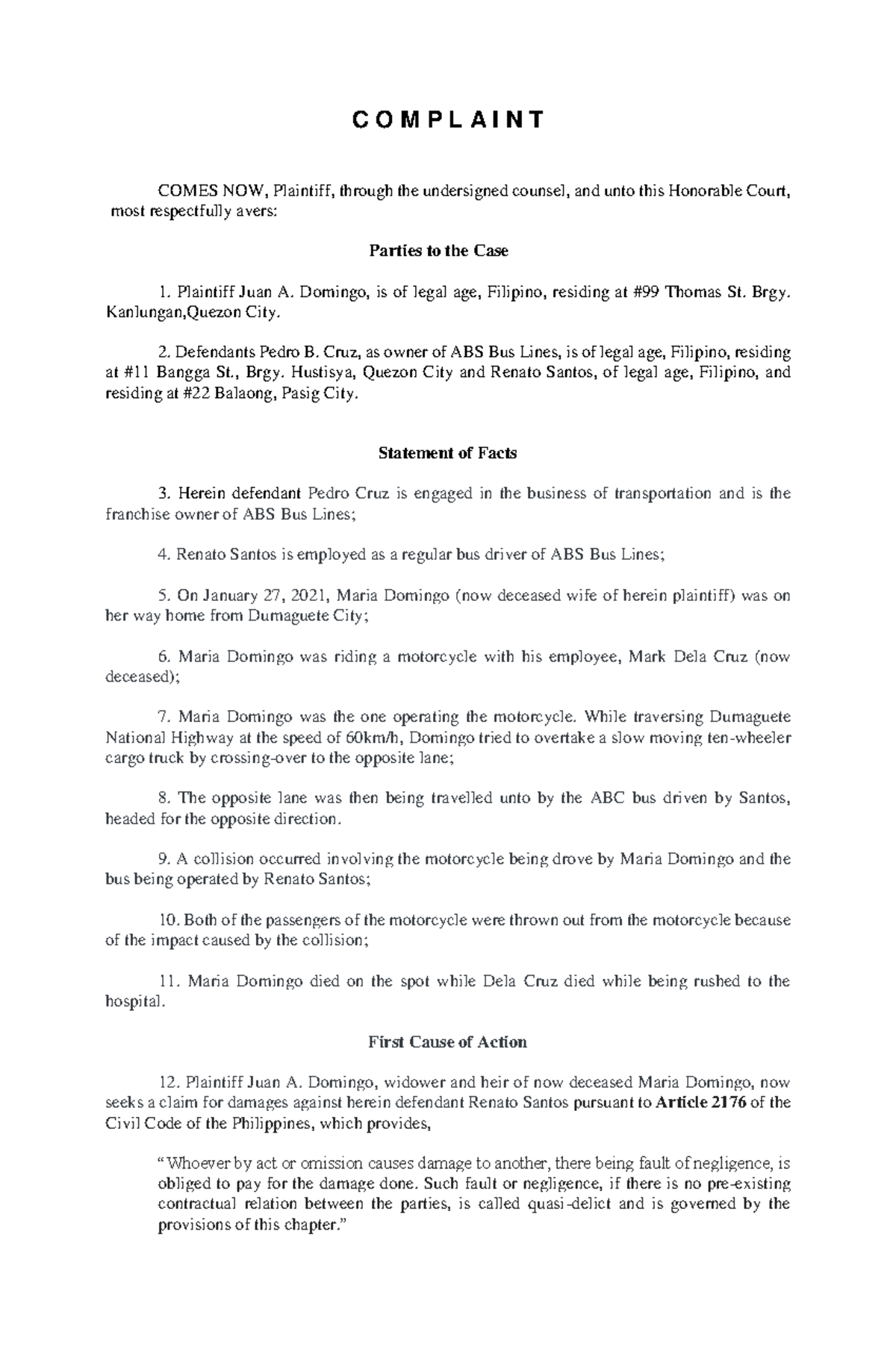 Complaint - Sample format - C O M P L A I N T COMES NOW, Plaintiff ...