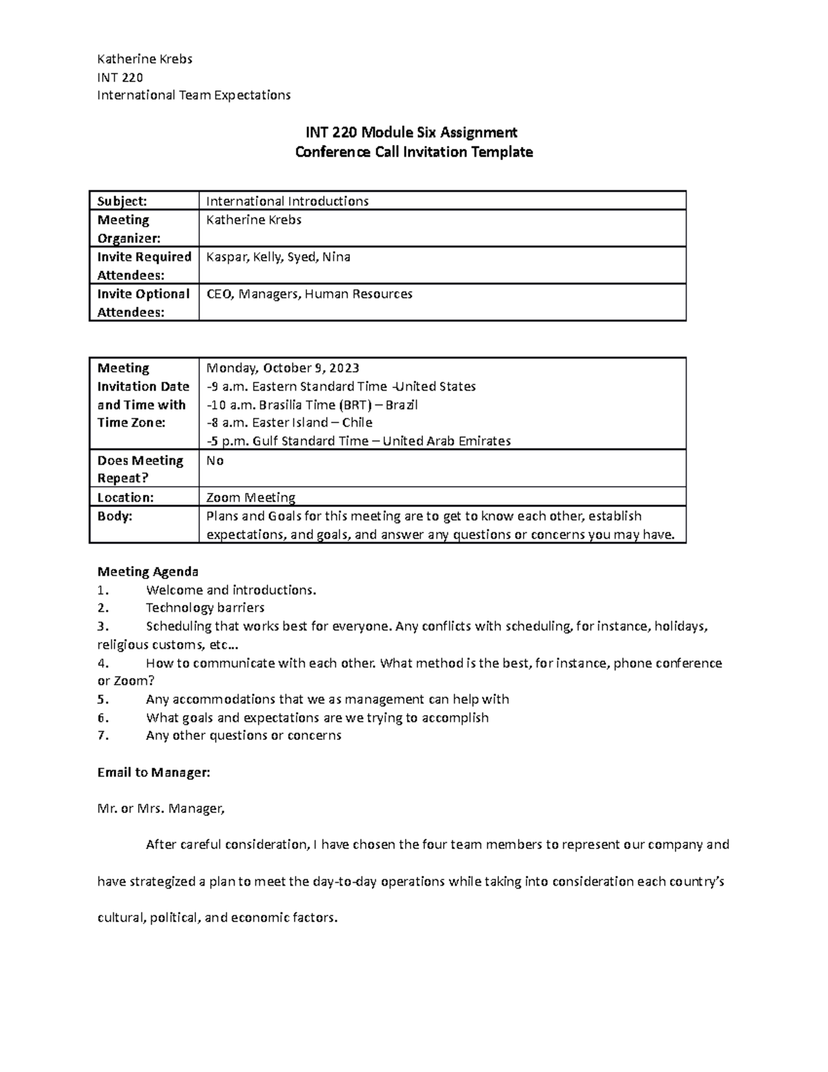 INT 220 Conference Call Invitation - Katherine Krebs INT 220 ...